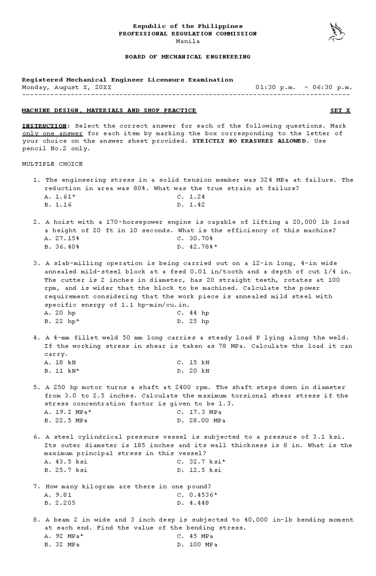 Mechanical Engineering Licensure Exam Questions - August 2021 - Studocu