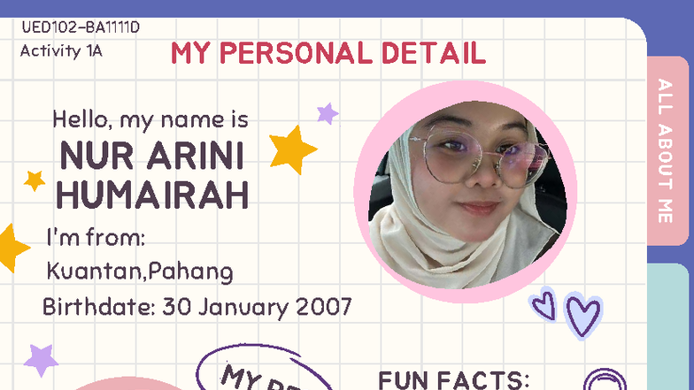 Chapter 1: All About Me - Personal Details of NUR Arini Humairah - Studocu