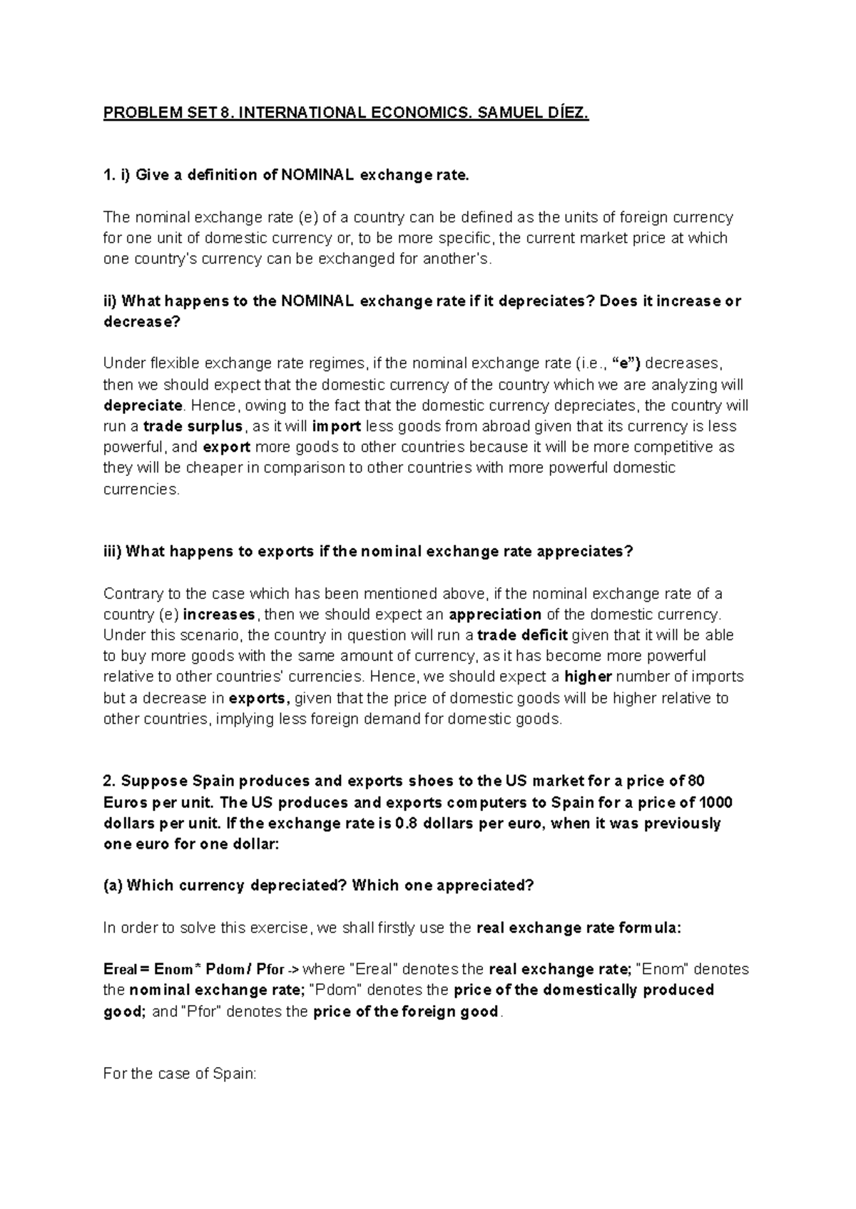 Problem Set 8: Nominal Exchange Rate Analysis in International ...