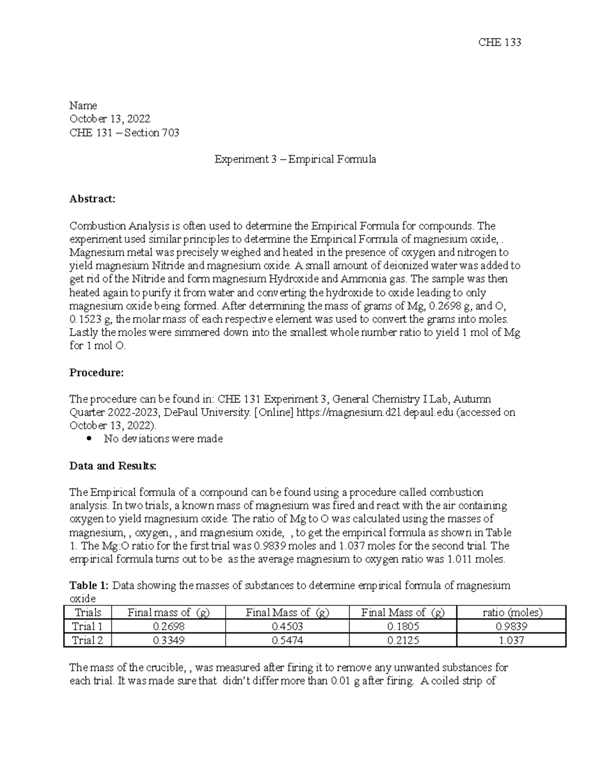 CHE 133: Empirical Formula Determination Lab Report - Studocu