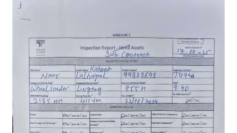 Inspection Report for 411 YM Wheel Loader - Al Tasnim Subcontract - Studocu