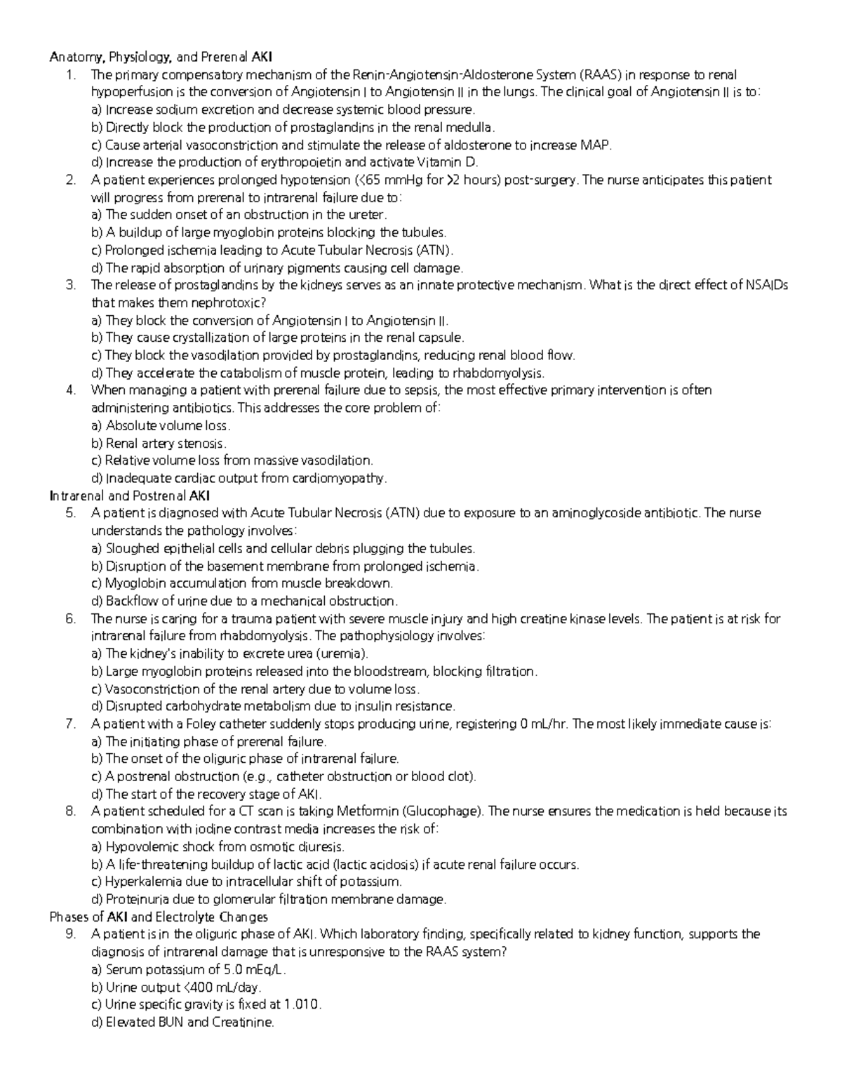 AKI and Kidney Disease (NUR 450) - 50 Q's and A's Study Guide - Studocu