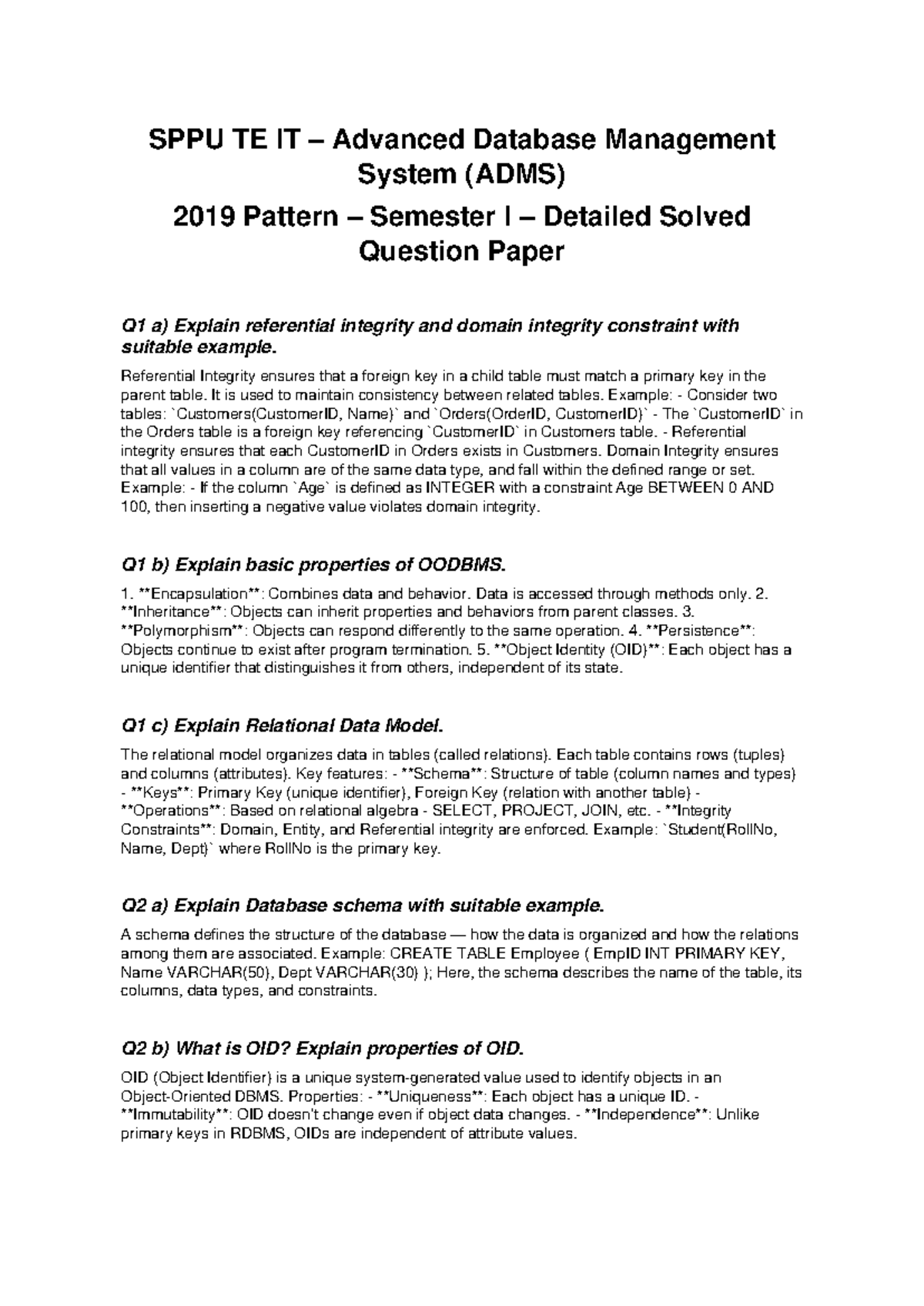SPPU TE IT Advanced Database Management System (ADMS) Solved QP - Studocu