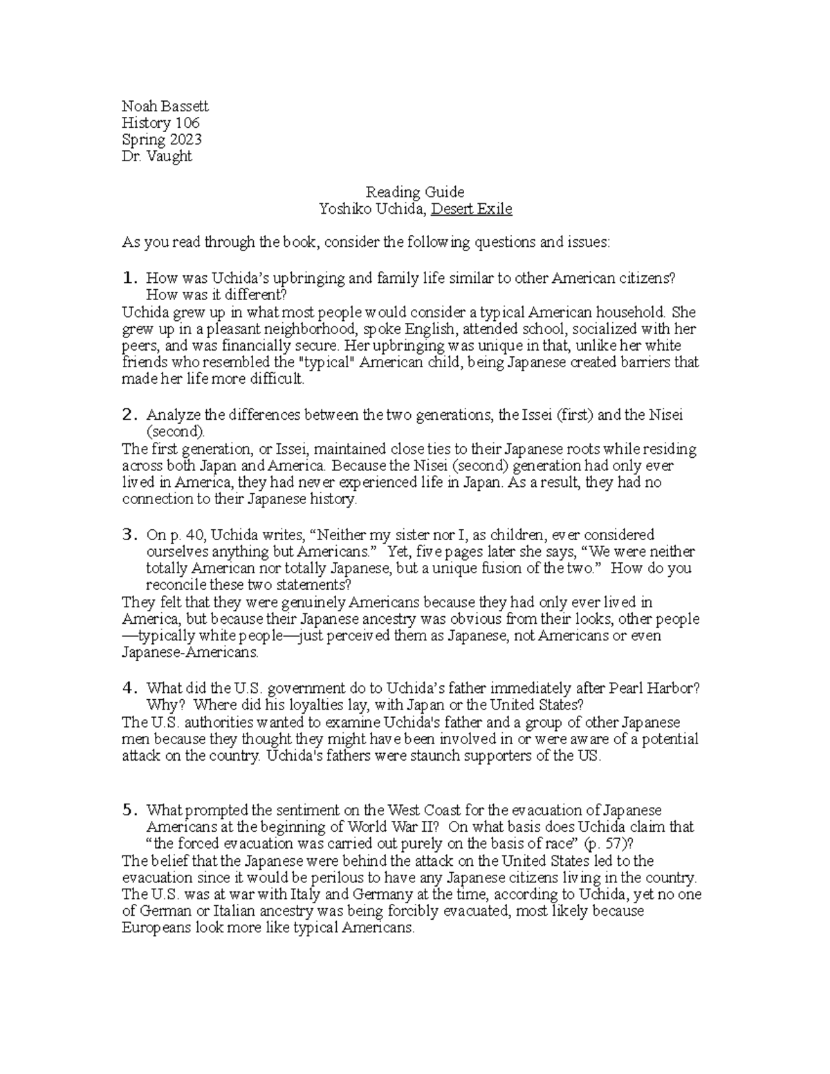 History 106: Reading Guide for Yoshiko Uchida's "Desert Exile" - Studocu