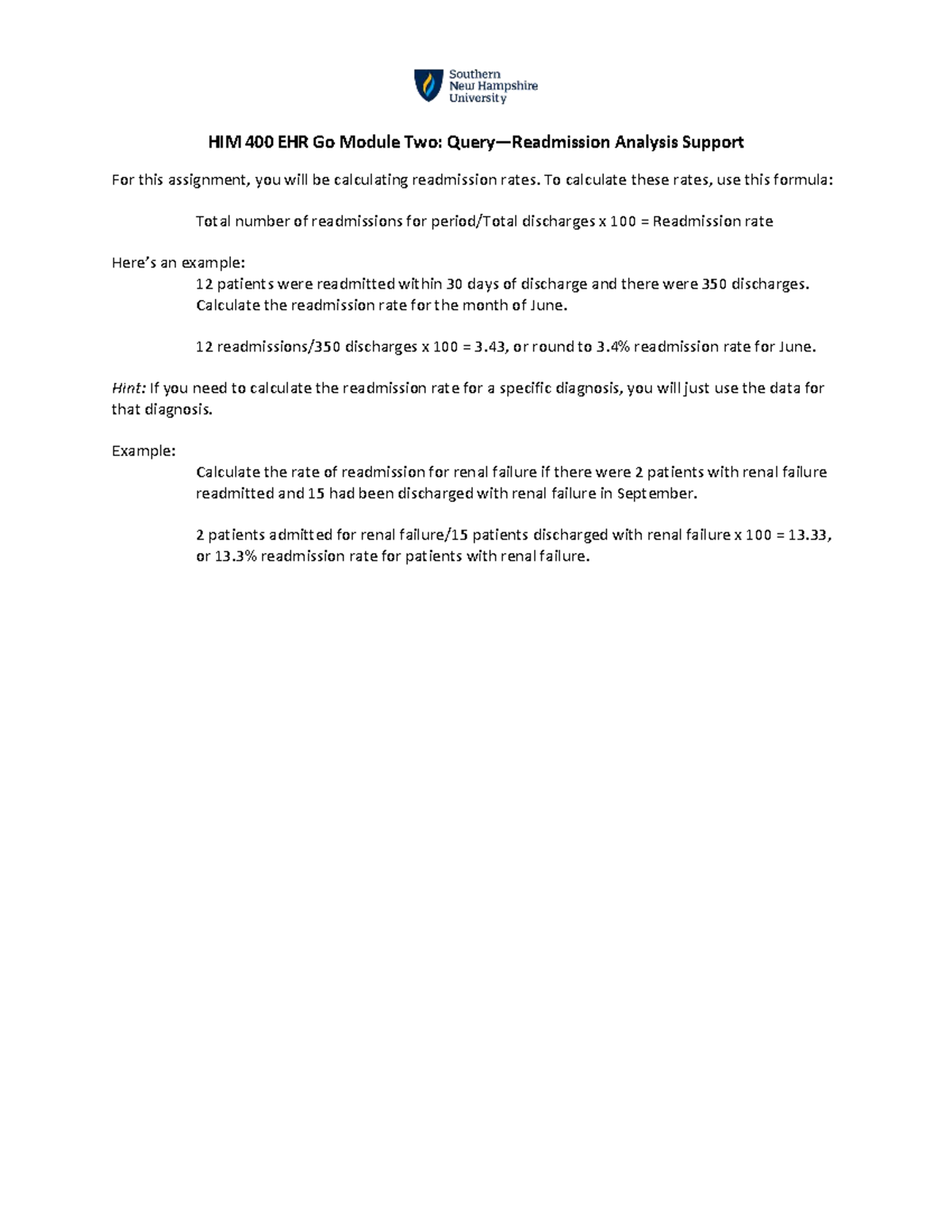 HIM 400 Module Two EHR Go: Readmission Rate Calculation Guide - Studocu