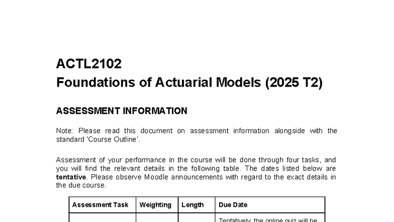 ACTL2102 Assessment Info: Quizzes & Assignment Guidelines (2025 T2 ...