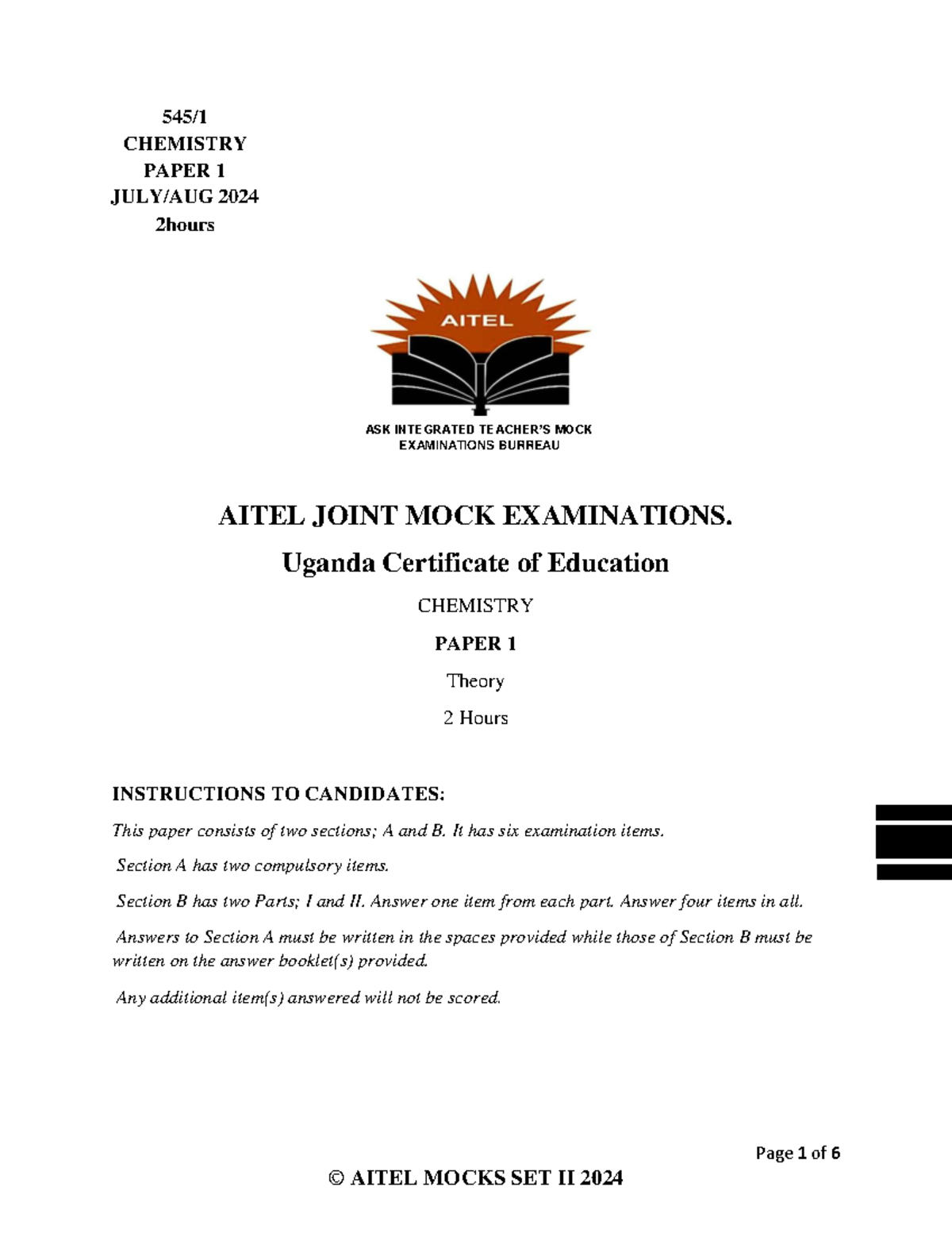 CHEMISTRY PAPER 1 O LEVEL MOCK EXAM 2024 - AITEL JOINT EXAMS - Studocu