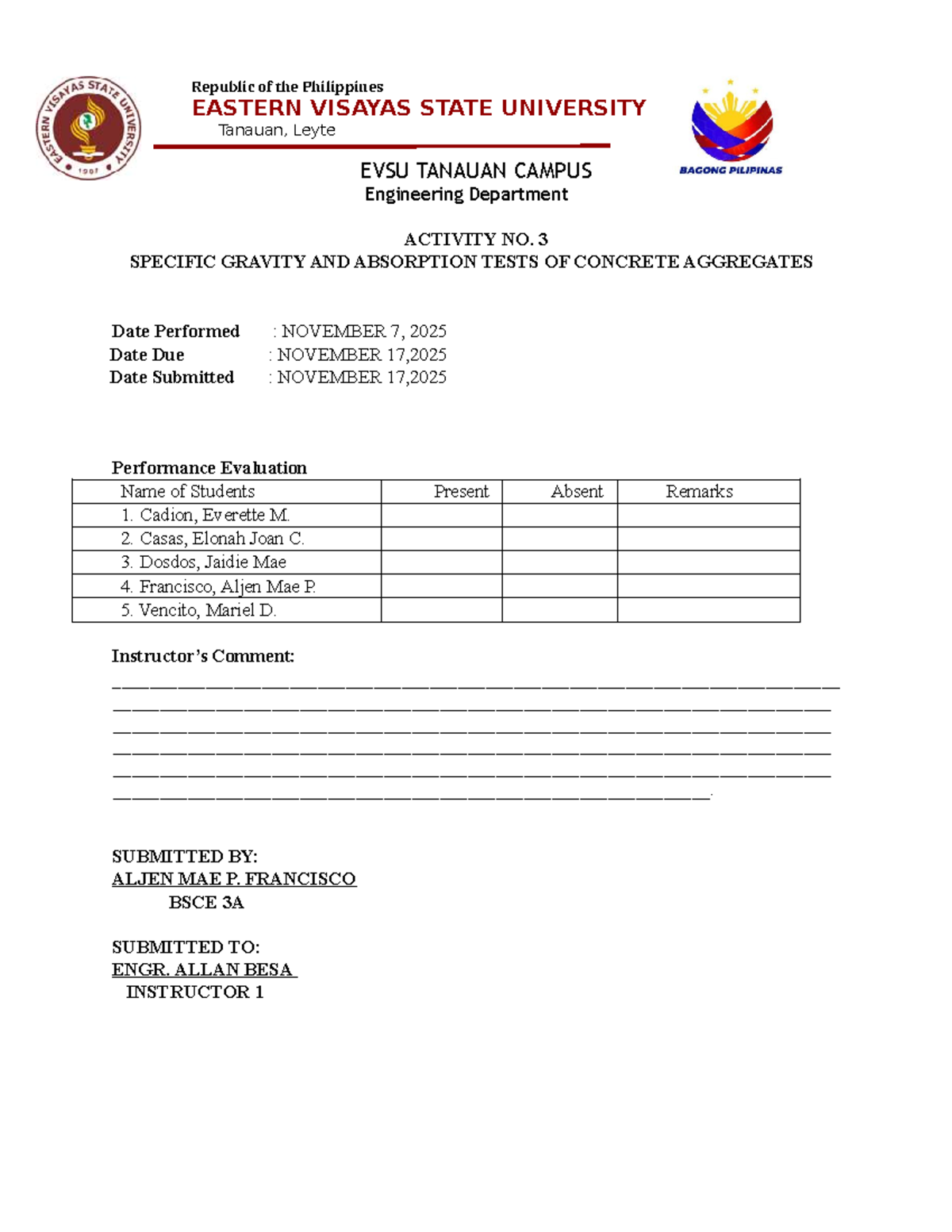 EVSU BSCE 3A Activity No. 3: Specific Gravity & Absorption Tests - Studocu