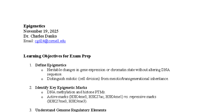 Epigenetics (BIO 101) Exam Prep Notes: Key Concepts & Mechanisms - Studocu