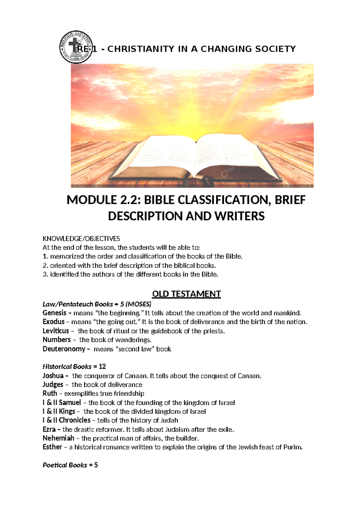 RE 1: Module 2.2 - Bible Classification & Writers Overview - Studocu