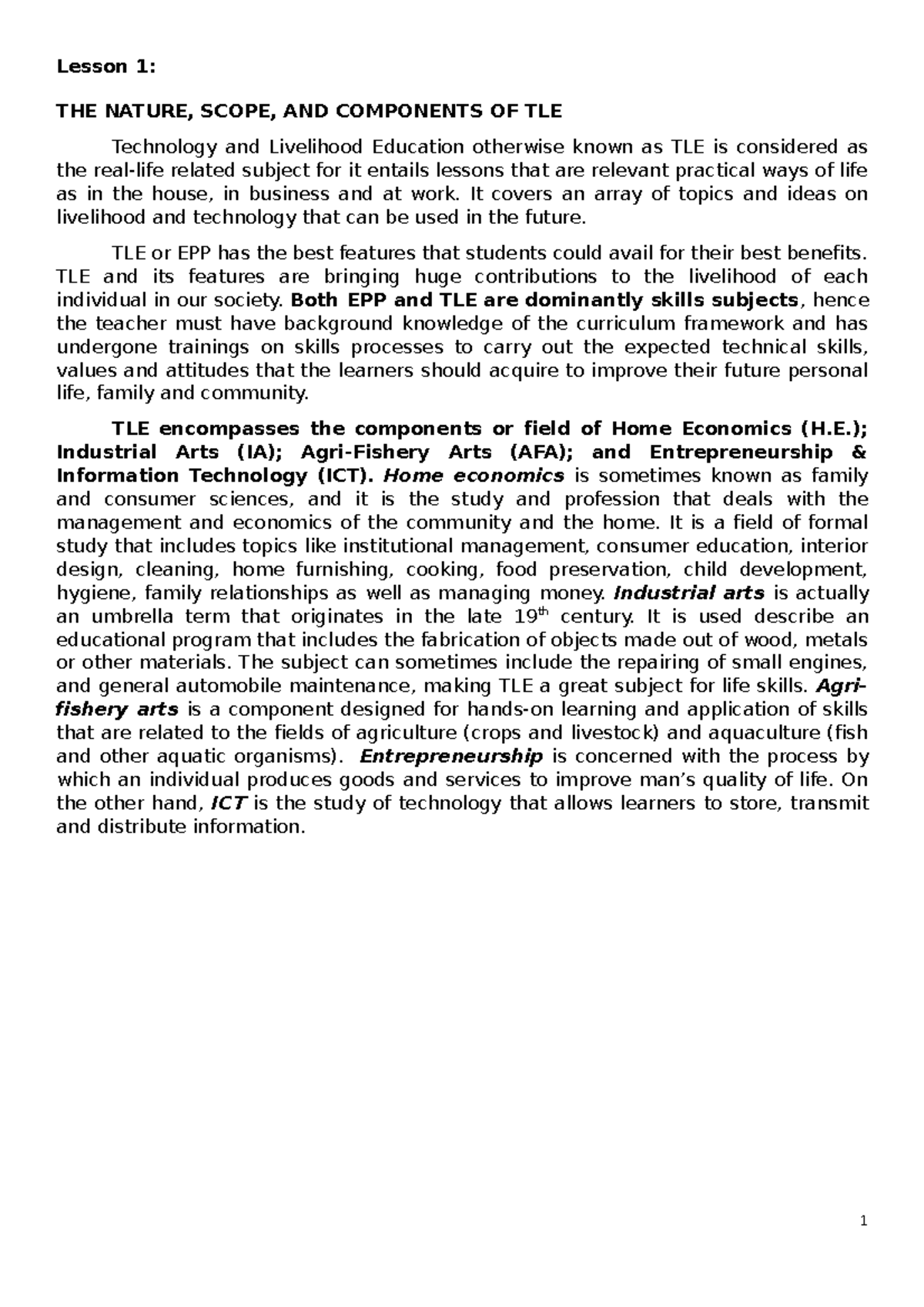 Lesson 1 - The Nature and Scope of TLE PDF Notes - Studocu