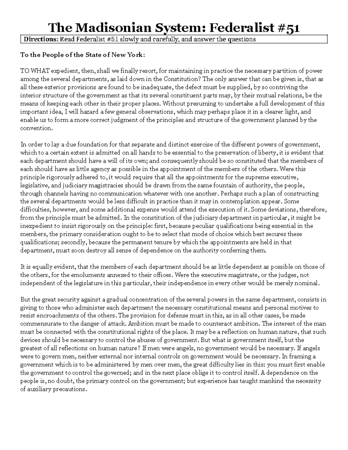 Federalist #51 Analysis: Understanding the Madisonian System - Studocu