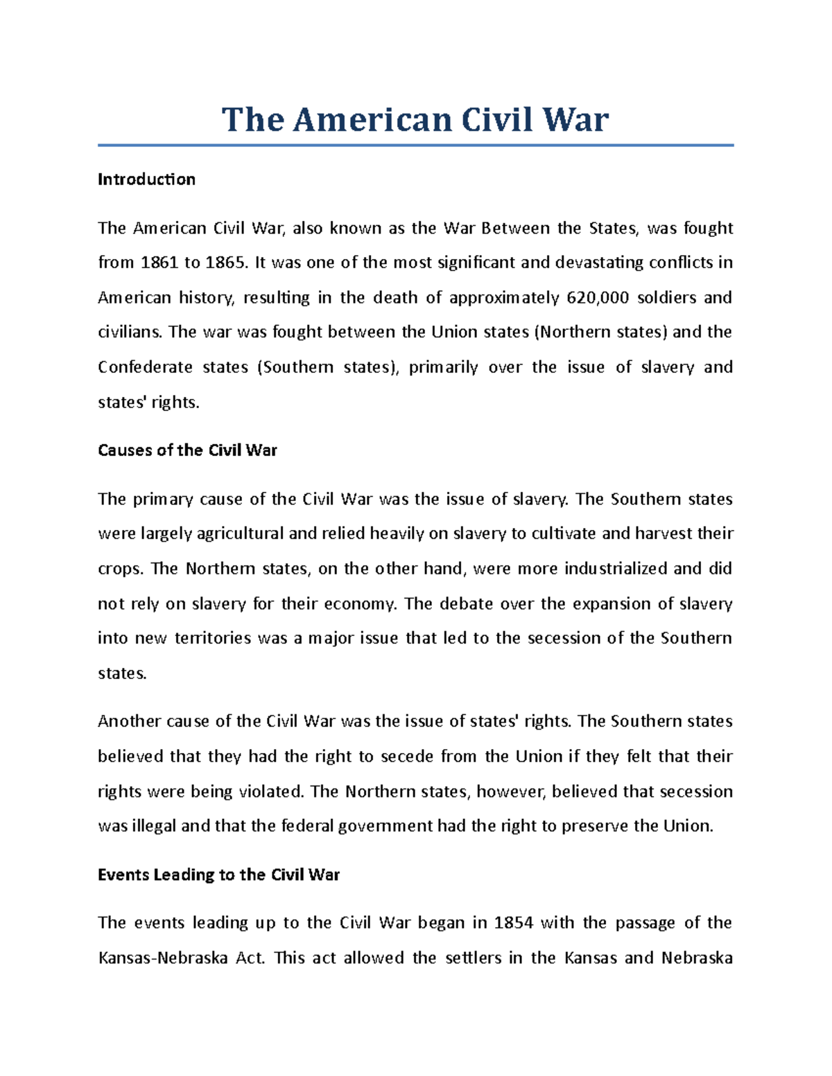 The American Civil War: Causes, Events, and Impact Analysis - Studocu
