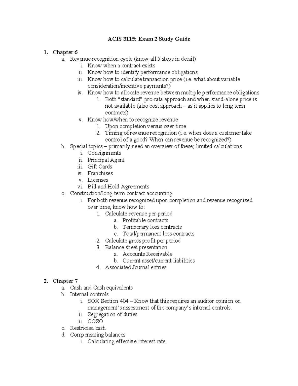 Acis 3115 Exam 2 Study Guide Covering Revenue Recognition And