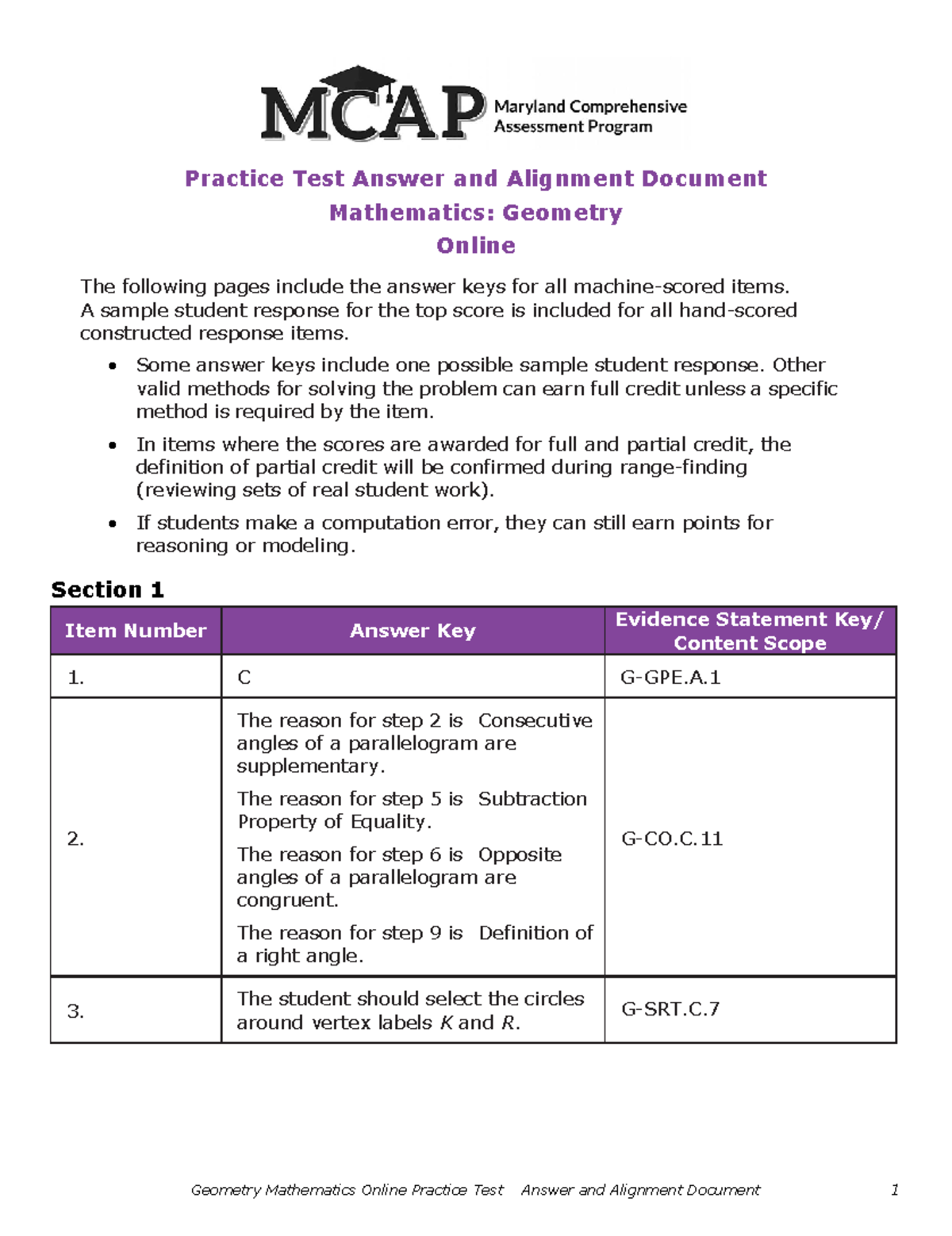 MCAP Geometry Math Online Practice Test Answer Key and Alignment Guide ...