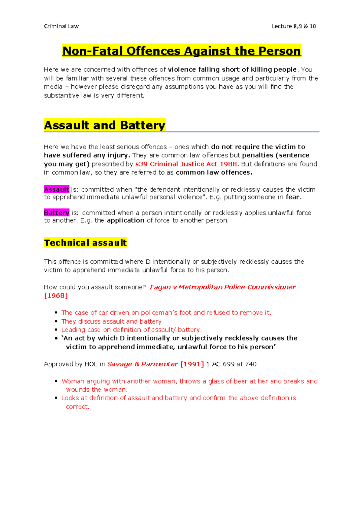 Lecture 8-11: Overview of Non-Fatal Offences Against the Person - Studocu