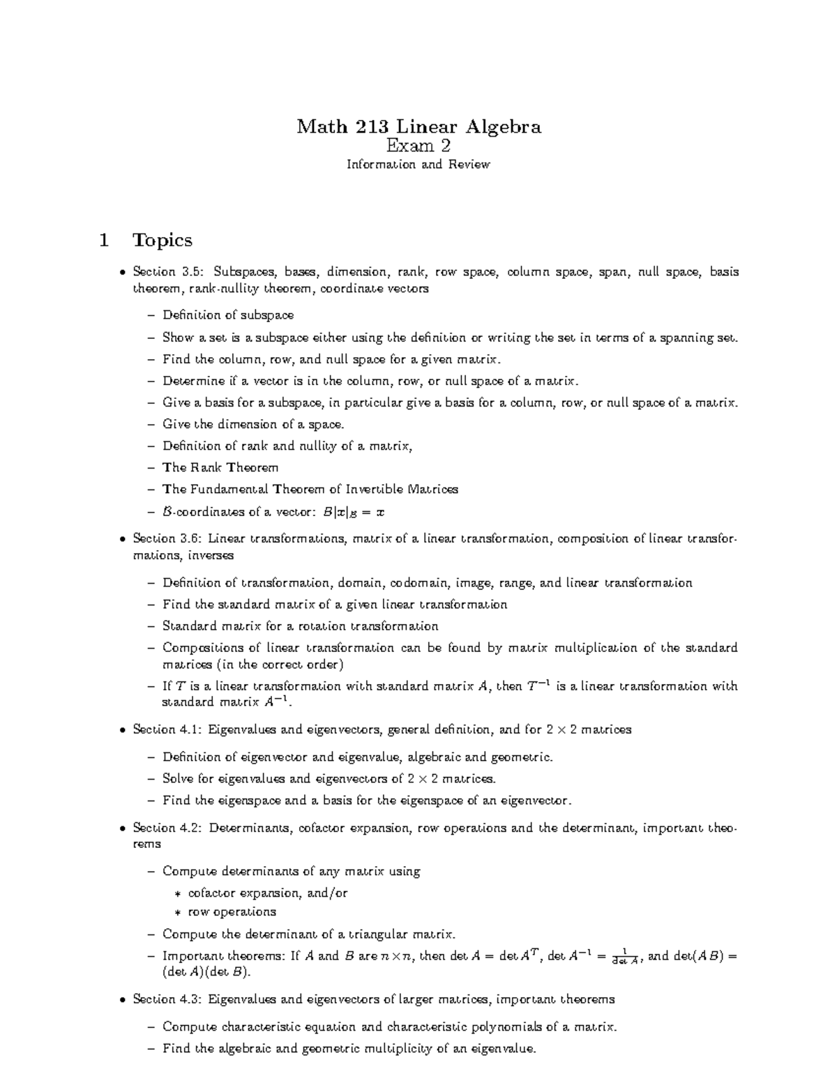 Math 213 Linear Algebra Exam 2 Review: Key Topics & Theorems - Studocu