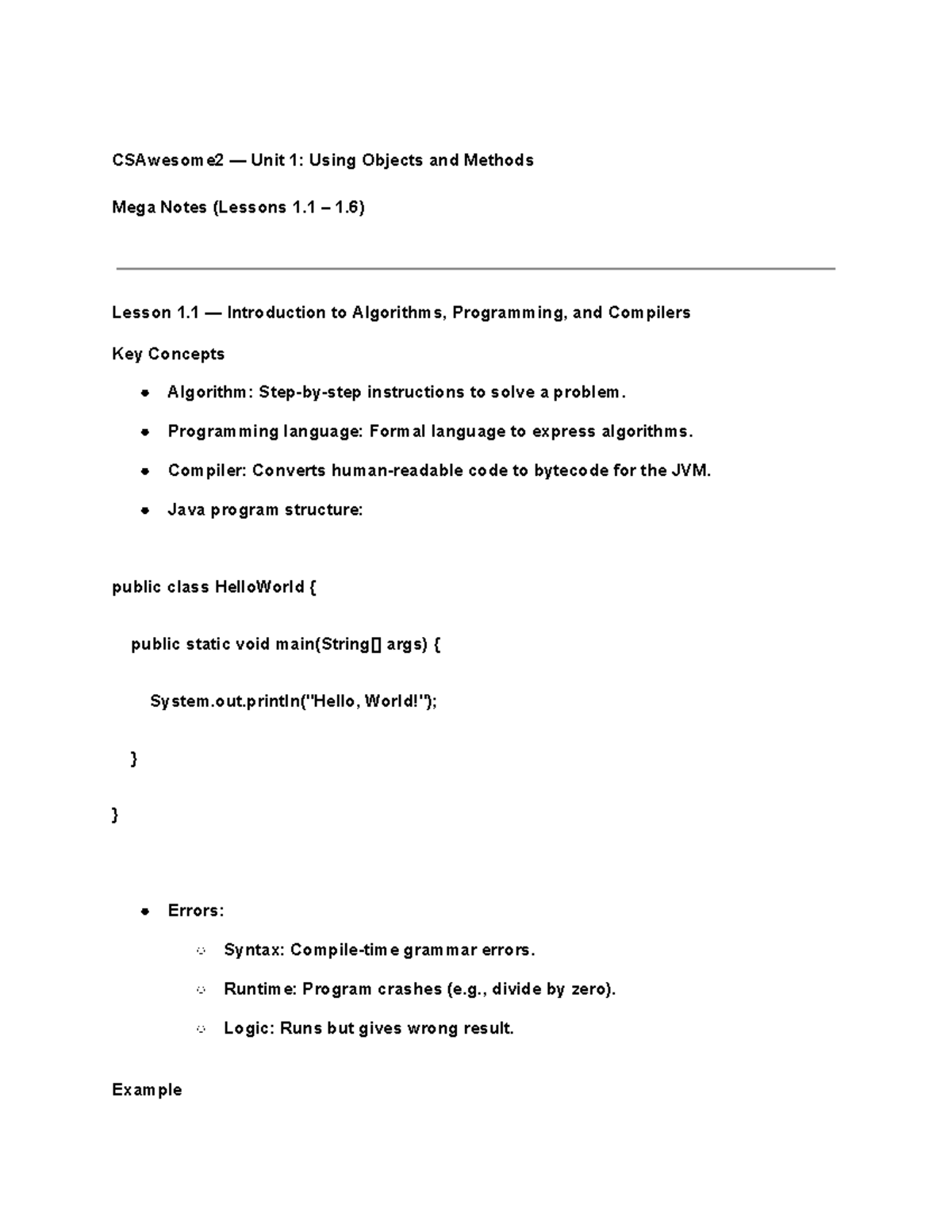 CSAwesome2 Unit 1: Comprehensive Notes on Objects, Methods, and Strings ...