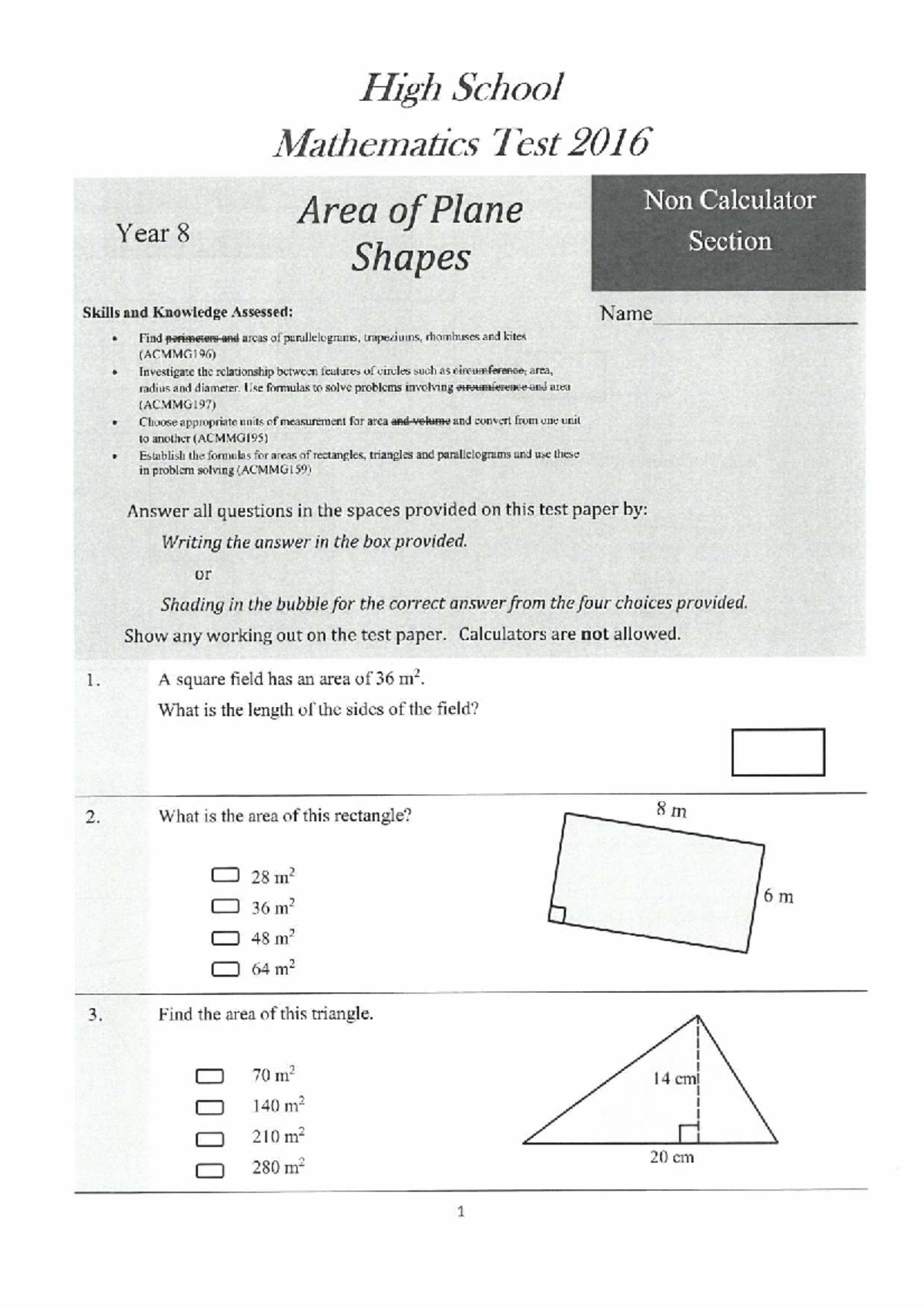 Year 8 Mathematics Area of Plane Shapes Test 2016 (Non-Calculator ...