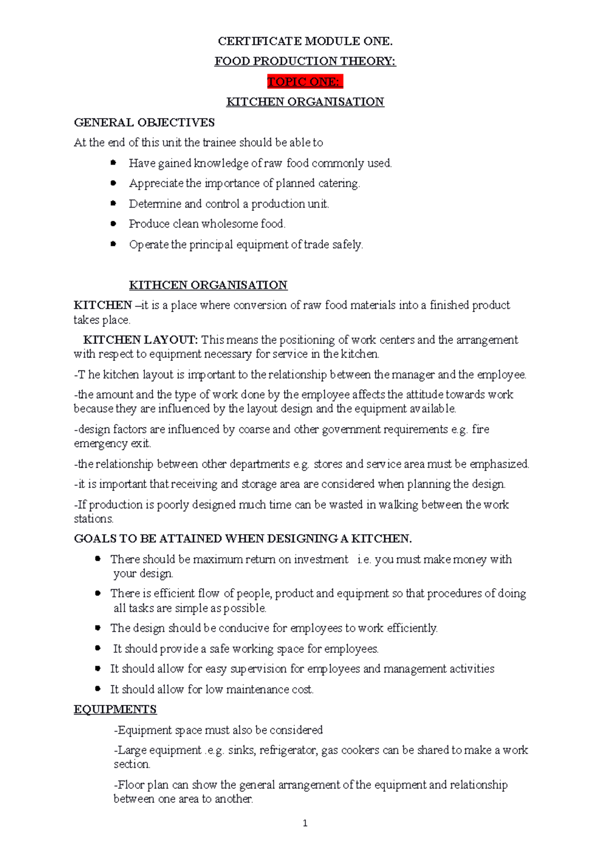 Kitchen Organisation and Food Production Theory - CERT Module 1 - Studocu