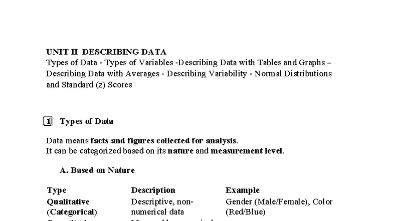 UNIT II Notes - Data Types, Variables, and Descriptive Statistics - Studocu