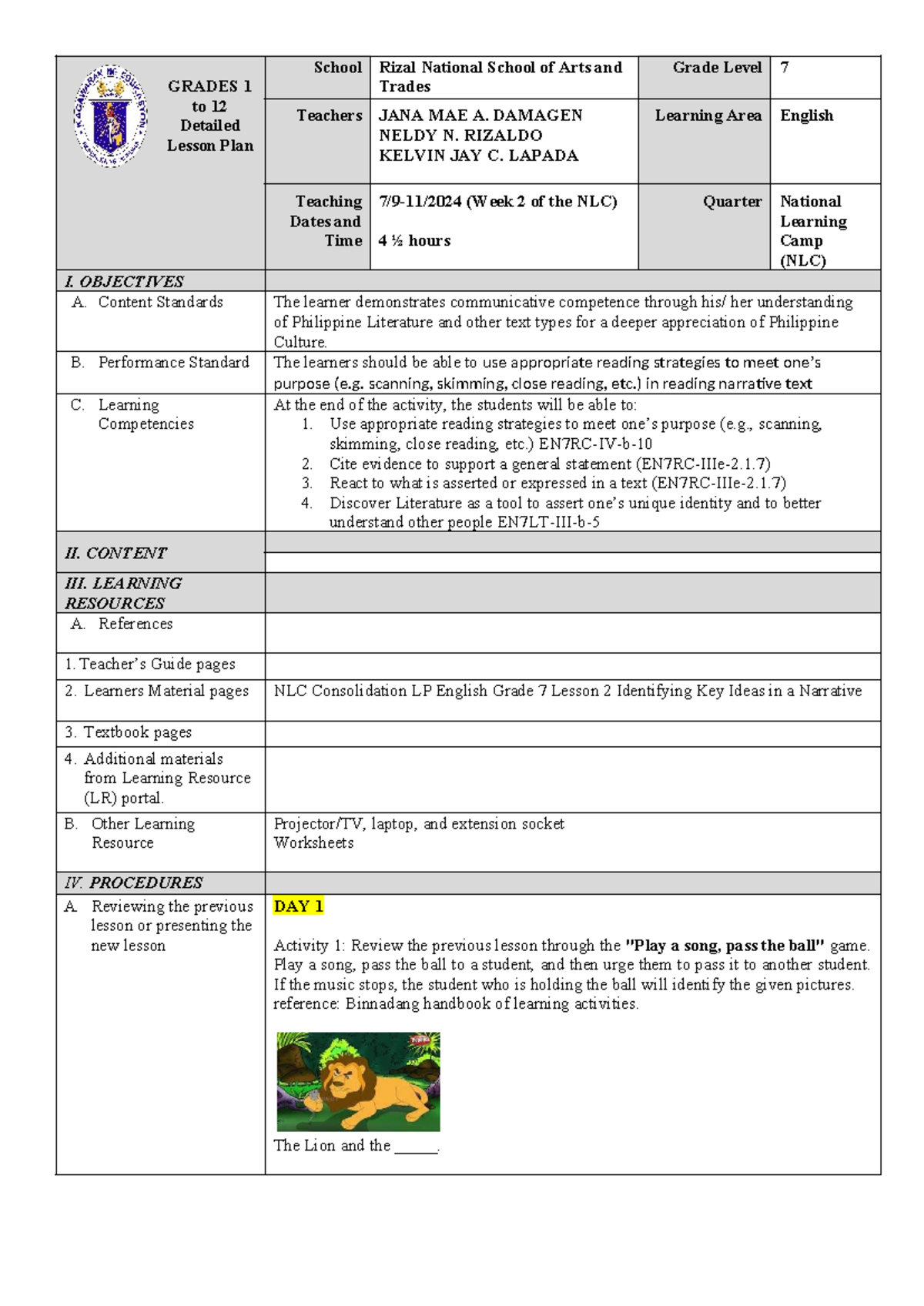 DLP-English-NLC-Week1 (1)-1 - GRADES 1 to 12 Detailed Lesson Plan ...