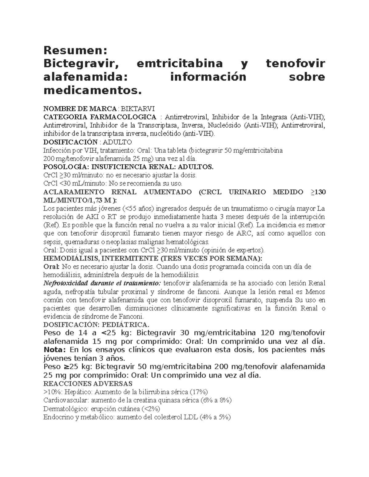 Resumen de Bictegravir, Emtricitabina y Tenofovir (Anti-VIH) - Studocu