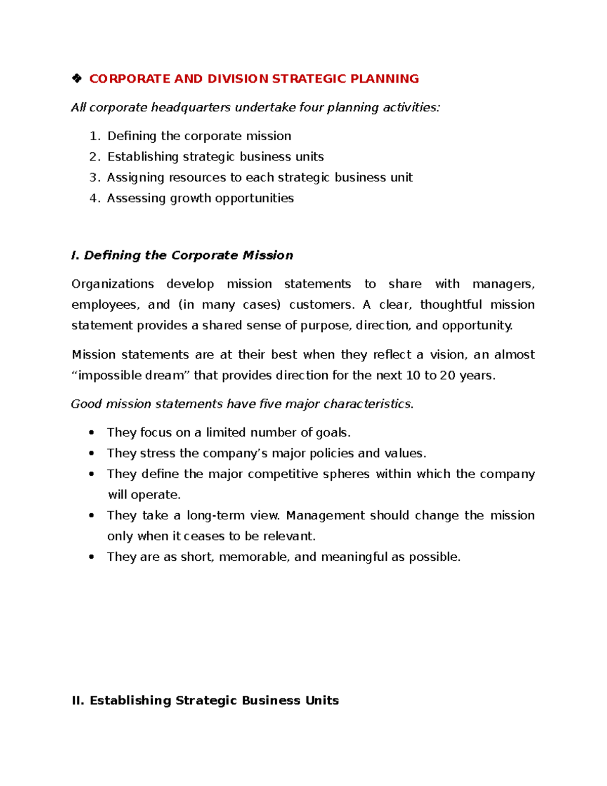 Corporate & Division Strategic Planning Overview and Key Concepts - Studocu