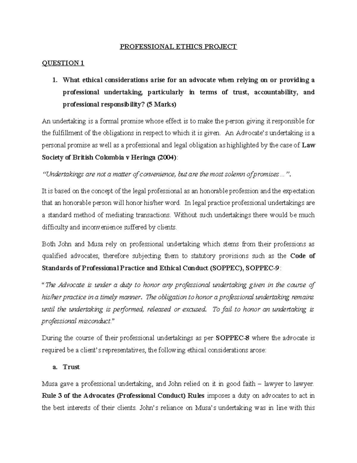 PROFESSIONAL ETHICS PROJECT: Ethical Considerations for Advocates - Studocu