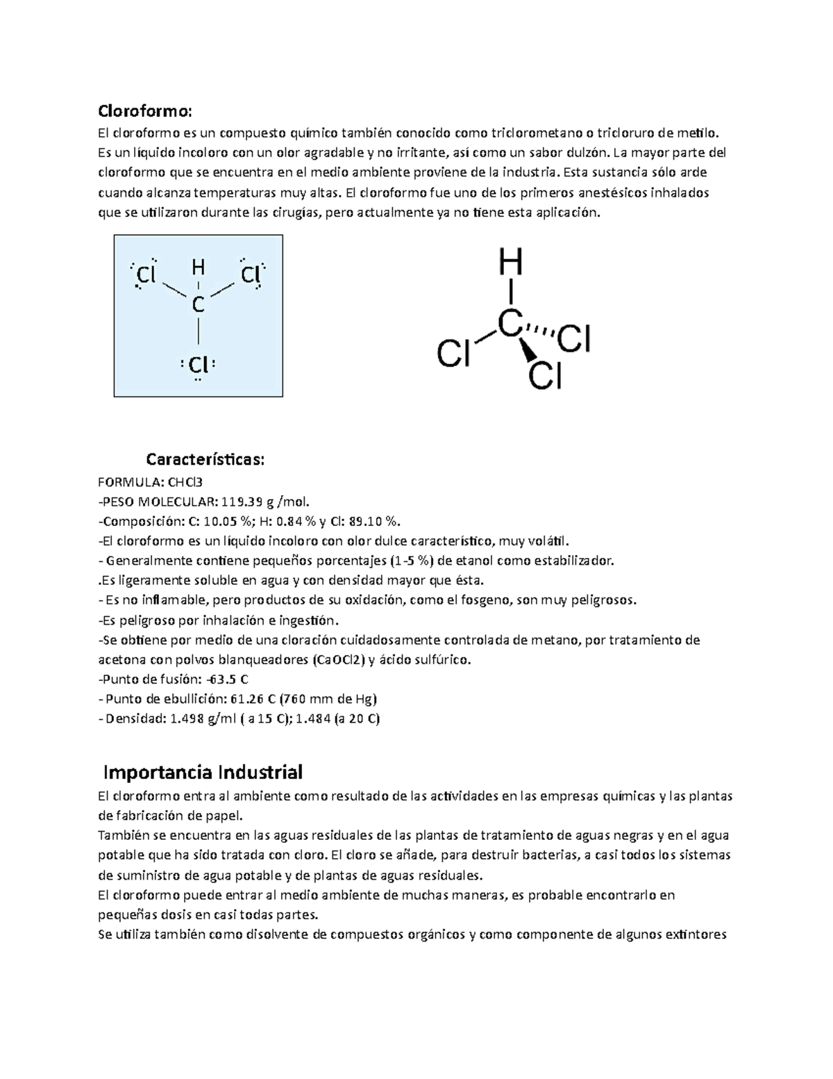 Cloroformo: Características, Sintesis y Usos Industriales - Studocu
