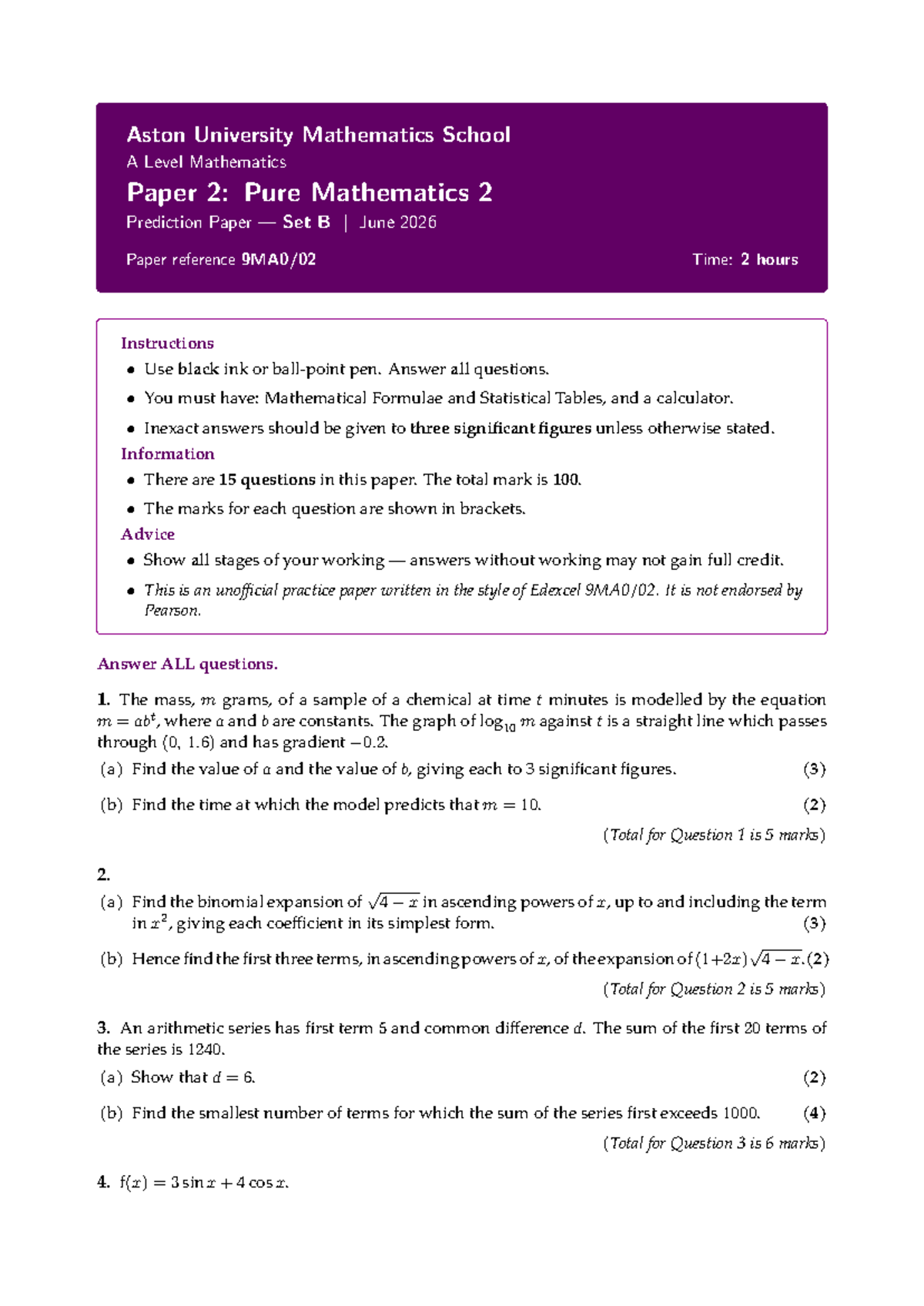 Aston University A Level Mathematics Paper 2: Pure Math 2 Prediction ...