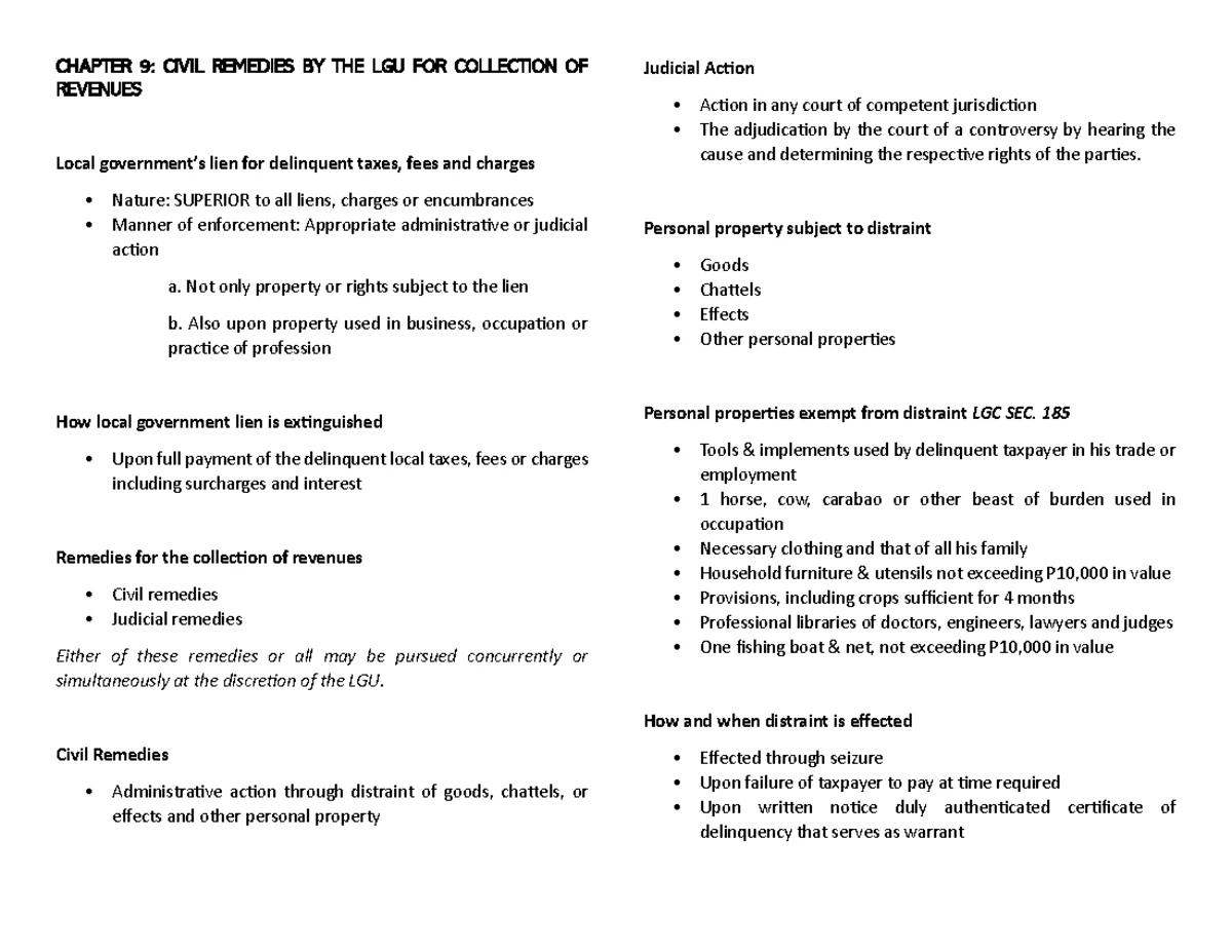 Chapter 9: Civil Remedies for Tax Revenue Collection Notes - Studocu