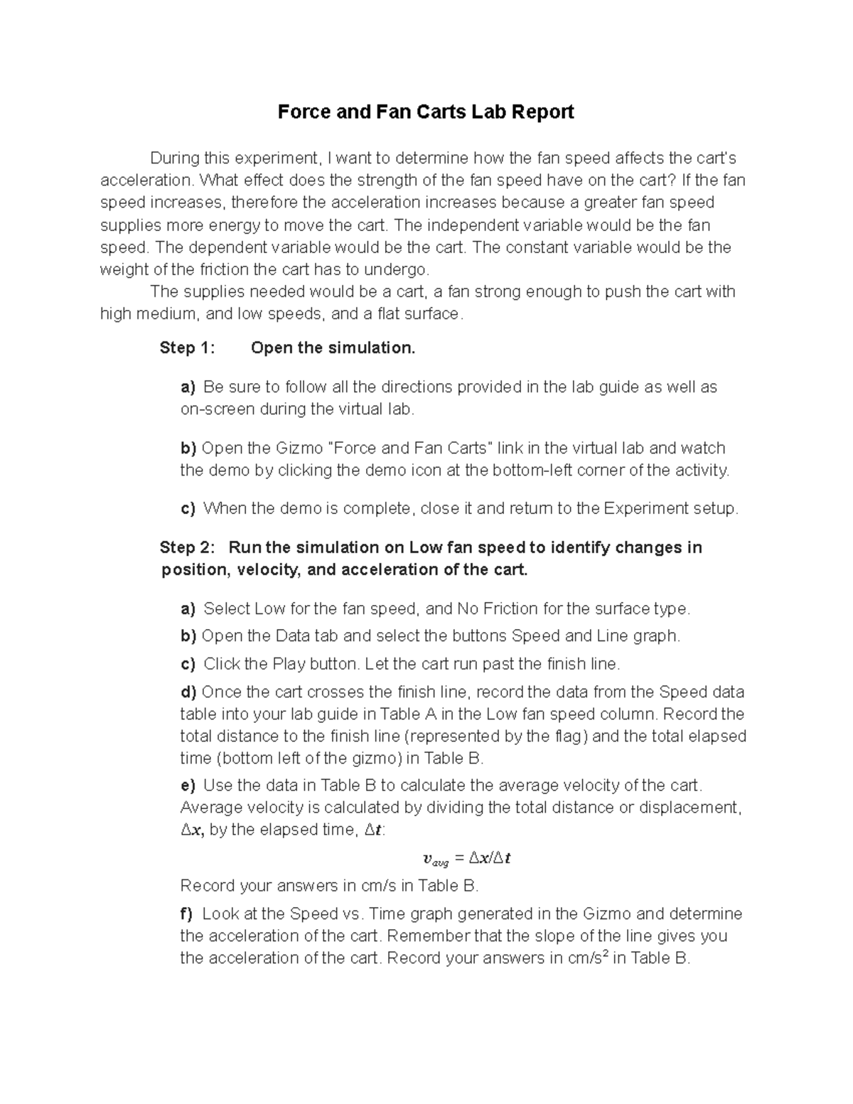 Force and Fan Carts Lab Report: Examining Acceleration Effects - Studocu