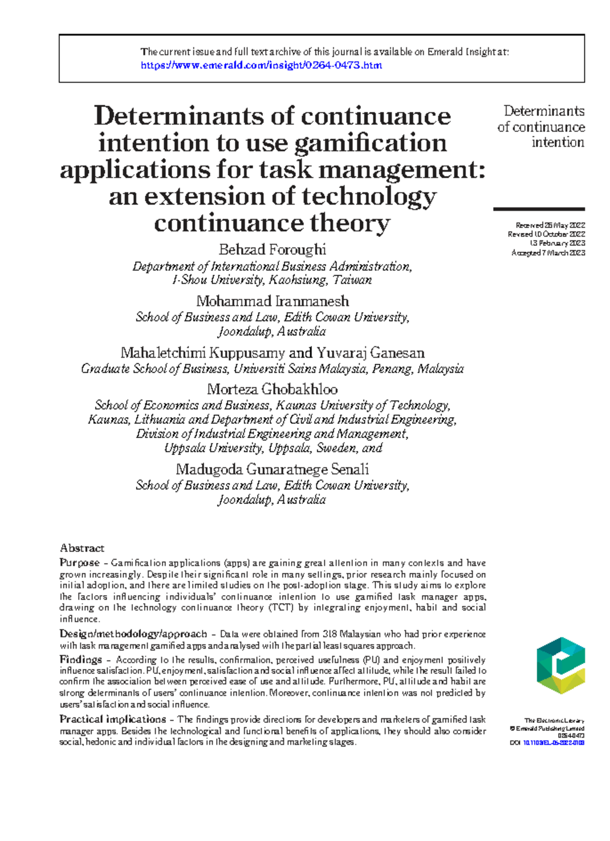 Determinants of Continuance Intention to Use Gamiﬁcation Apps: Insights ...