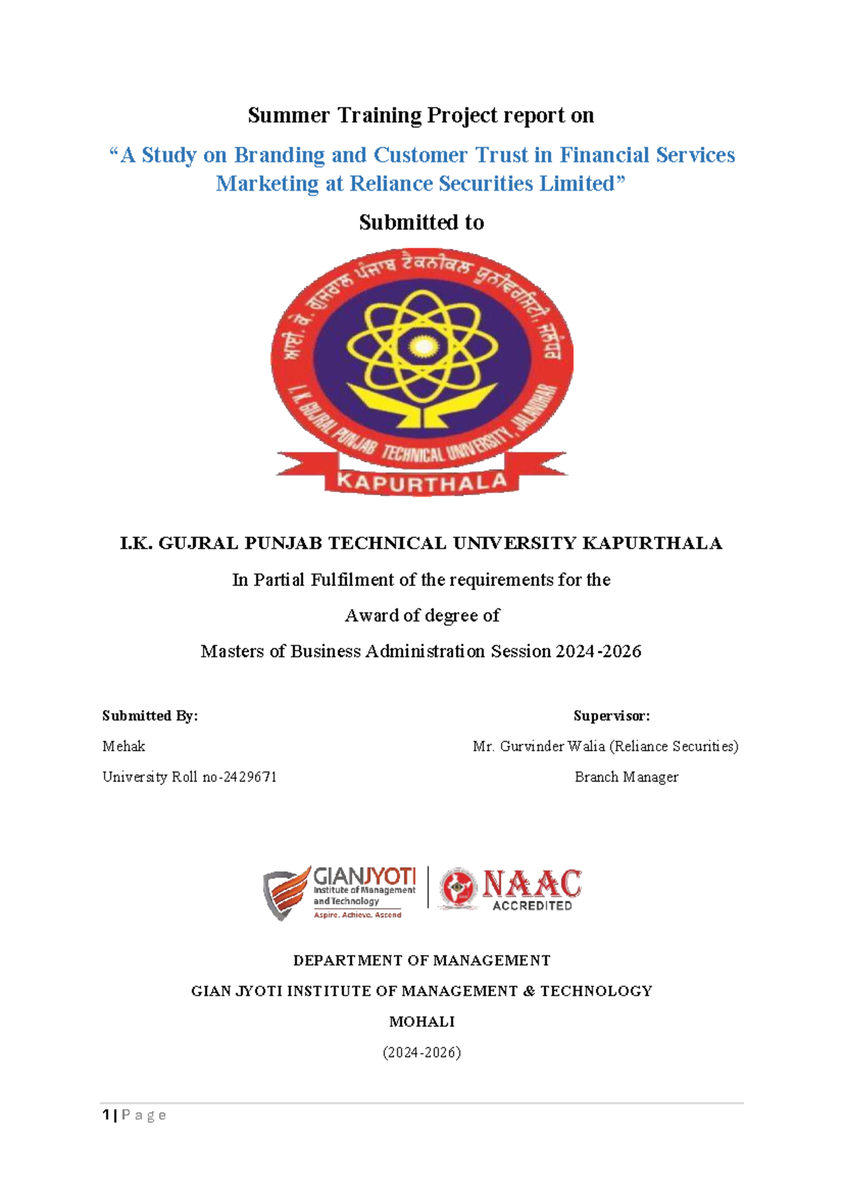 MBA Summer Training Project Report: Branding & Customer Trust in Financial - Studocu