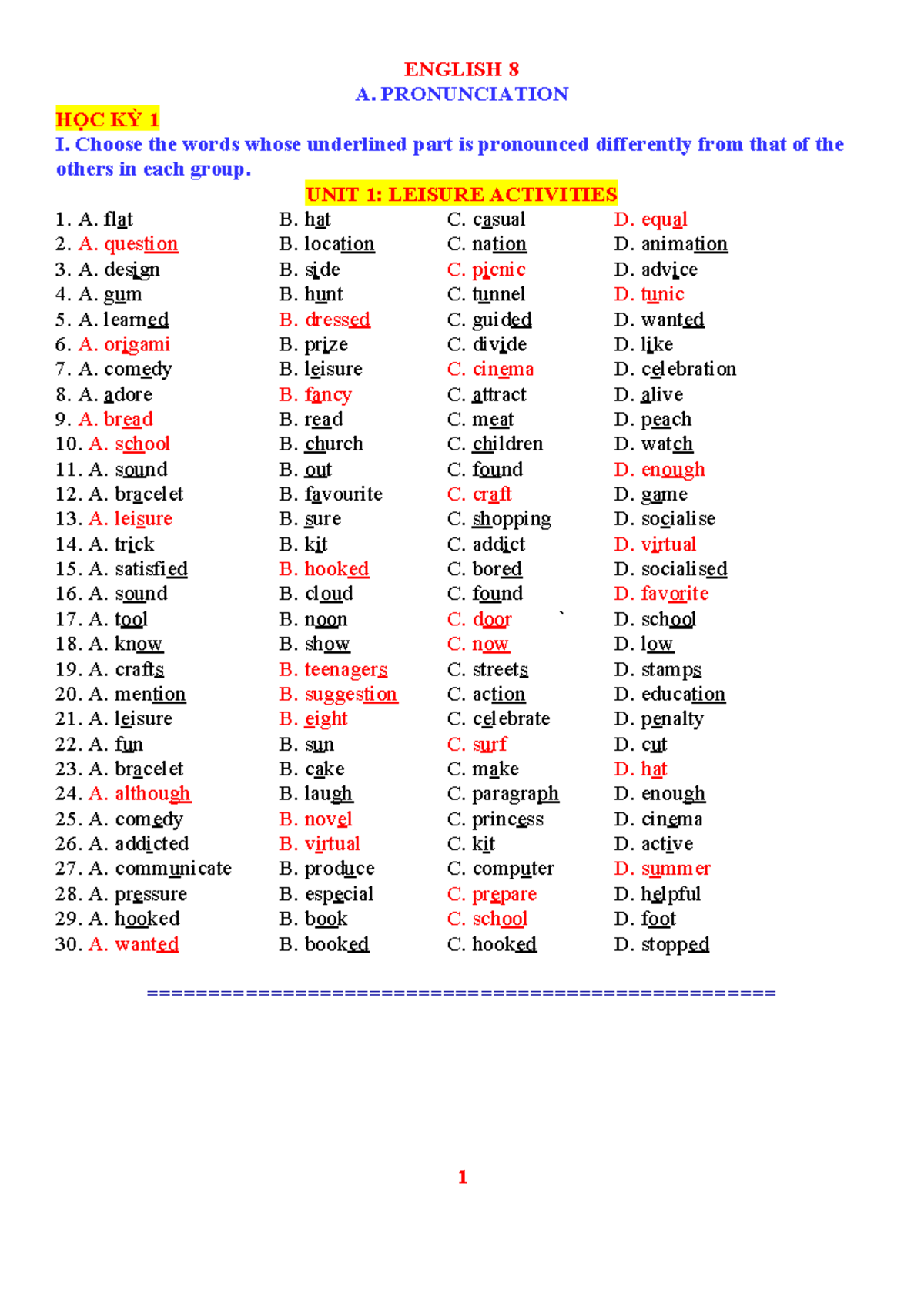 ENGLISH 8 A. PRONUNCIATION EXERCISES UNIT 1-6 - Studocu