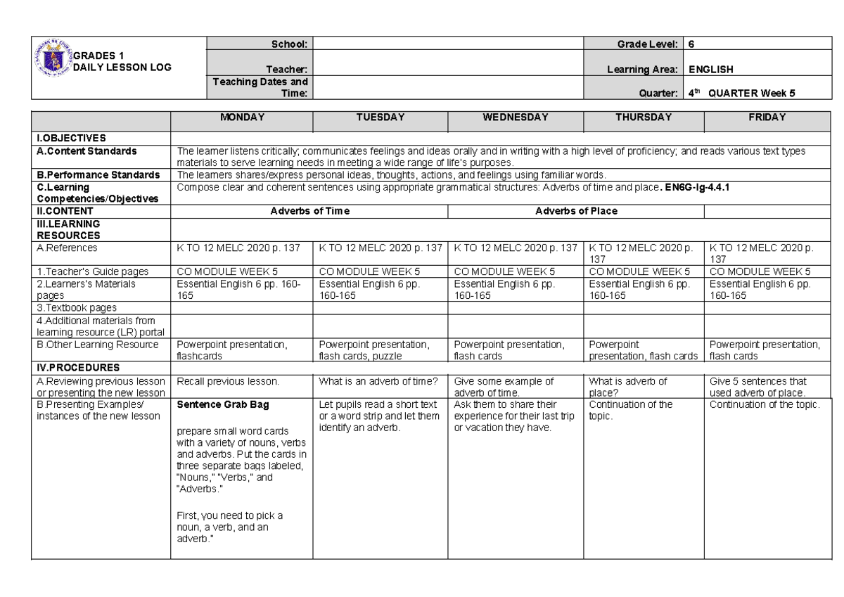 DLL G6- English Q4 W5: Adverbs of Time and Place Lesson Plan - Studocu