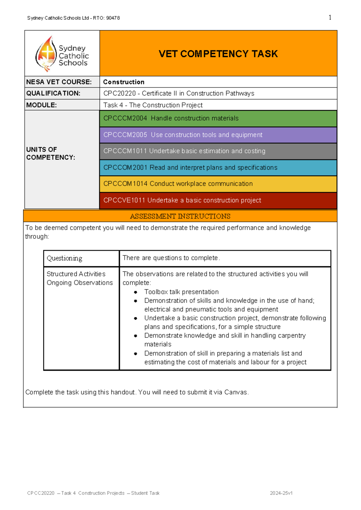 CPCC20220 Task 4: Construction Project Competency Assessment Guide ...