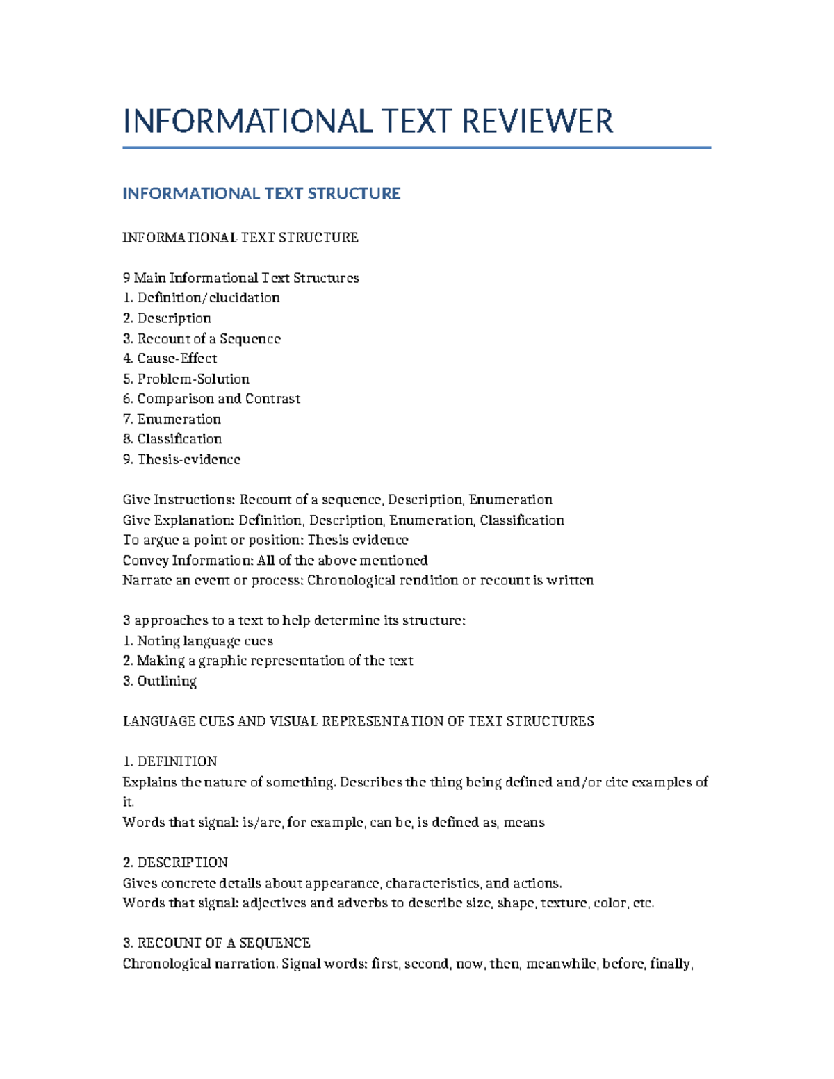 Informational Text Structure Review: Key Concepts and Examples - Studocu