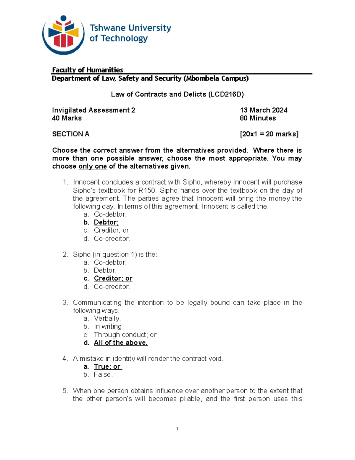 LCD216D Law of Contracts Invigilated Assessment 2 Memo (2024) - Studocu