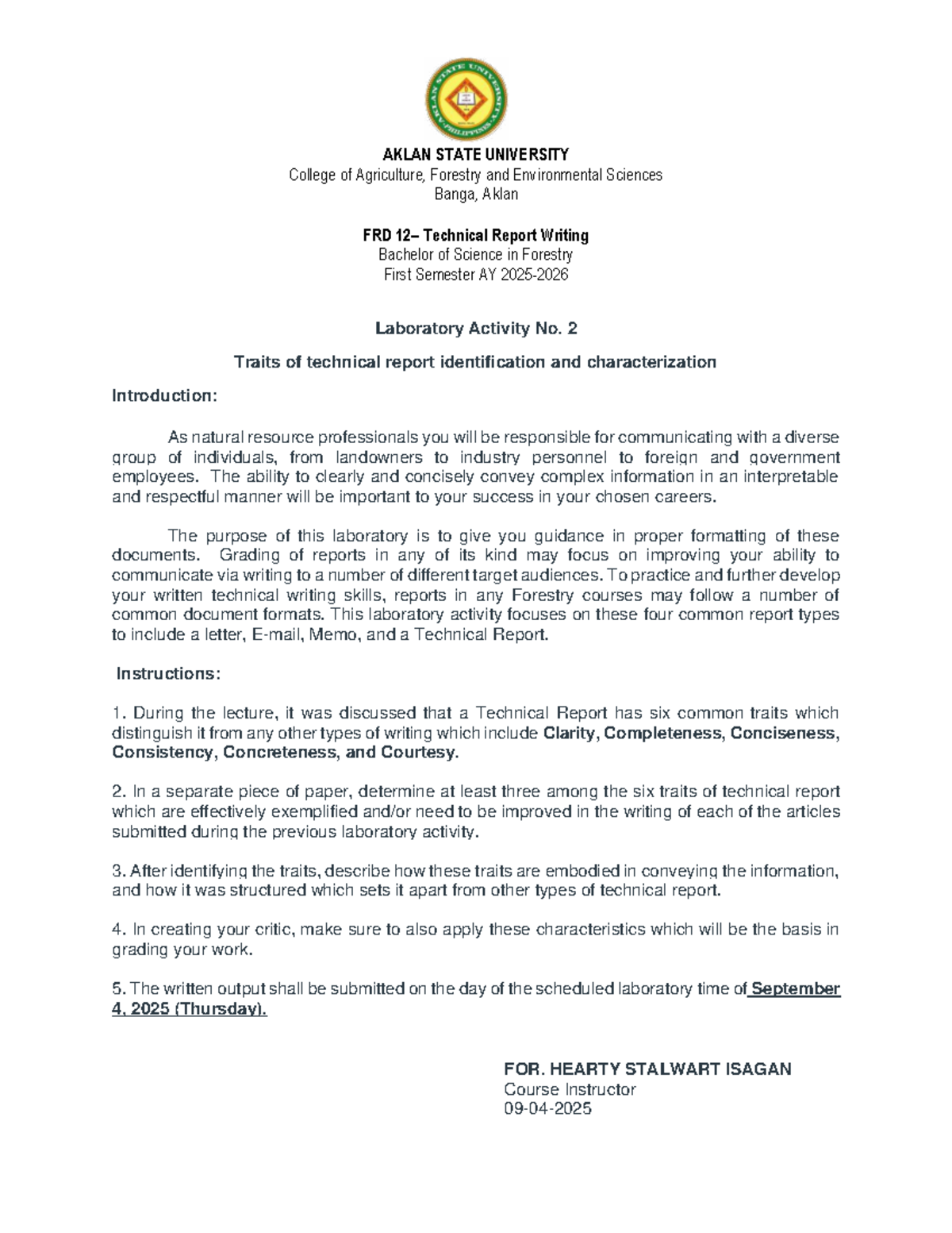 FRD 12 - Lab Activity 2: Traits of Technical Report Writing - Studocu