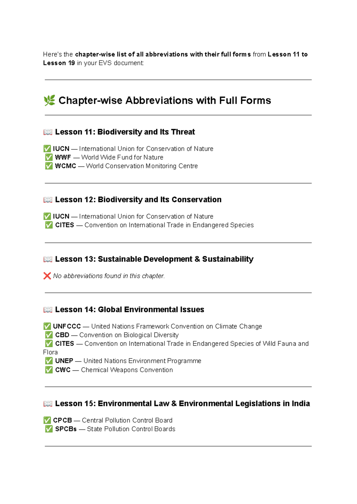 EVS Course Abbreviations & Full Forms from Lessons 11-19 - Studocu