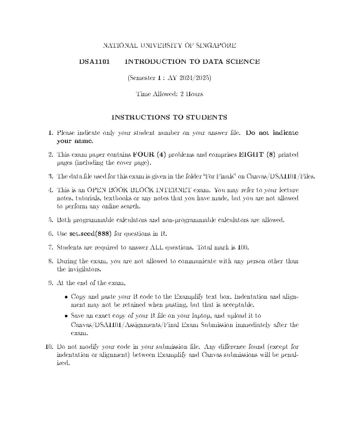 DSA1101 Final Exam: Introduction to Data Science (Semester 1) - Studocu