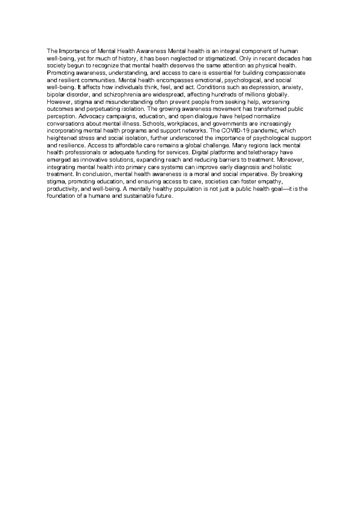Mental Health Awareness Essay: Importance and Impact - Studocu
