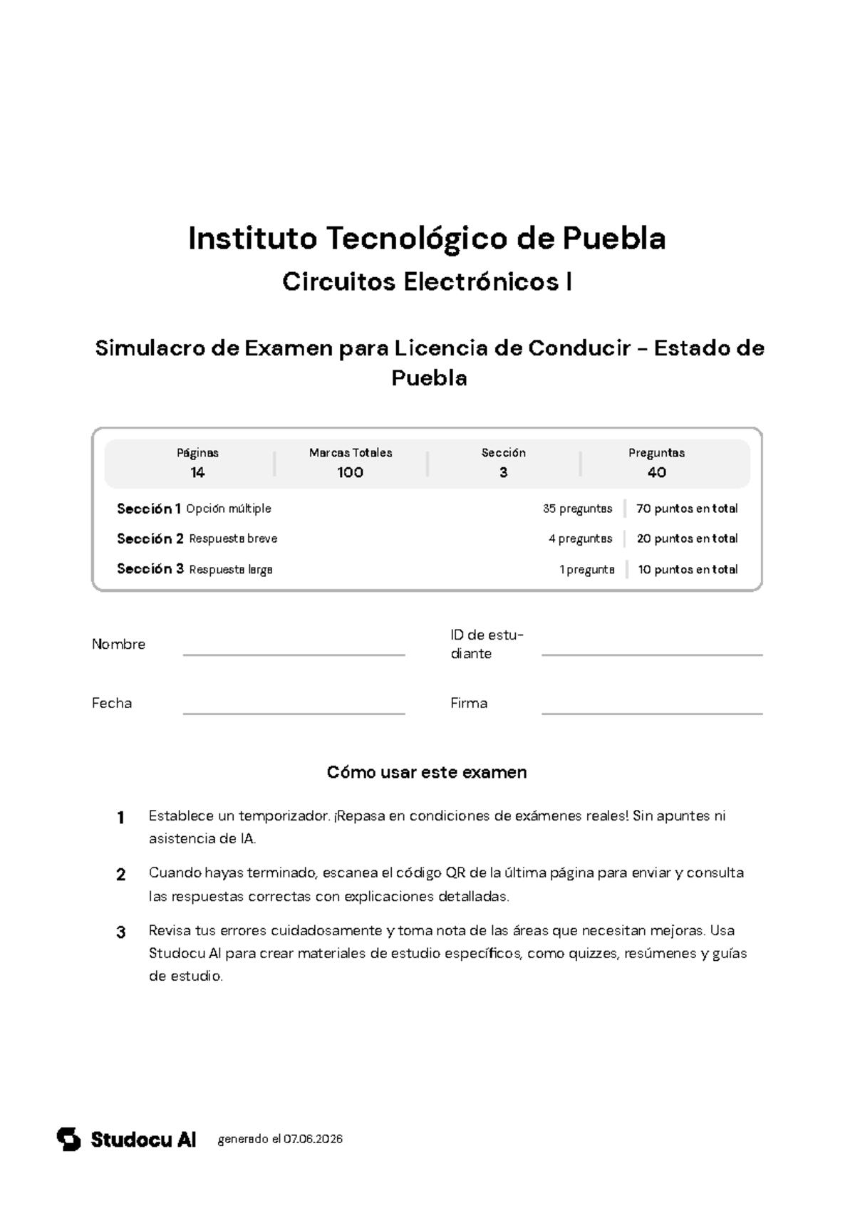 Simulacro de Examen para Licencia de Conducir - Puebla - Studocu