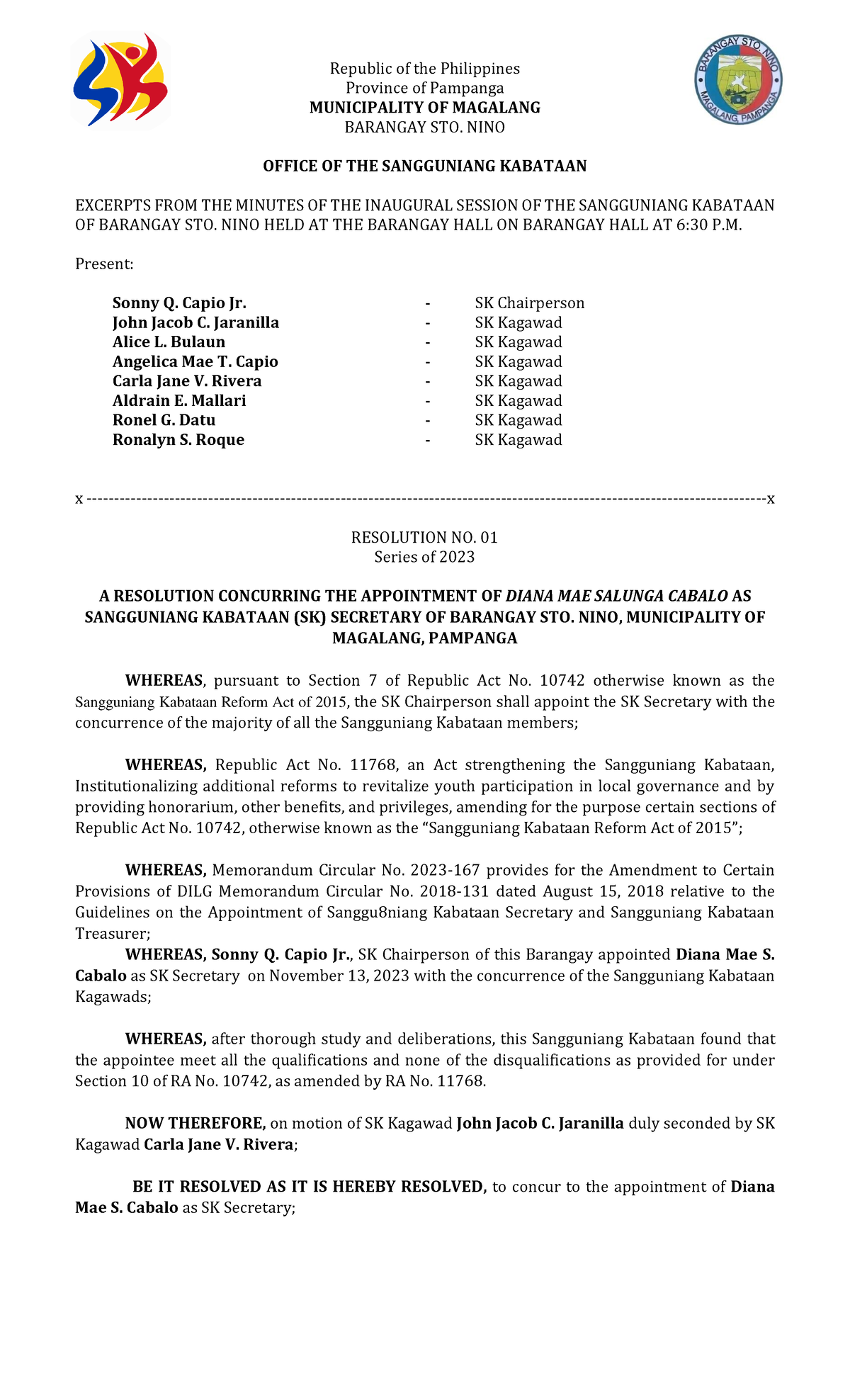 Resolution-01 SK- Secretary - Republic of the Philippines Province of ...