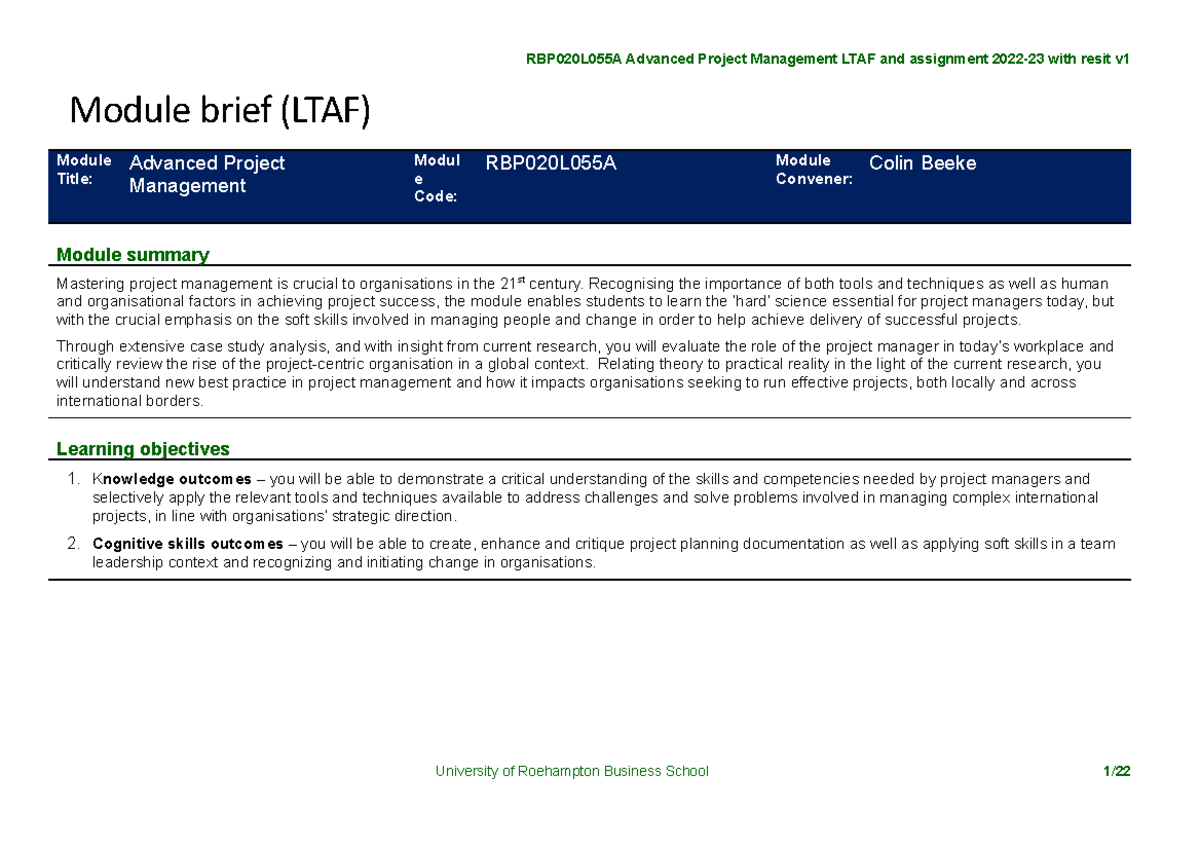 1612 RBP020L055A Advanced Project Management Module Overview and ...