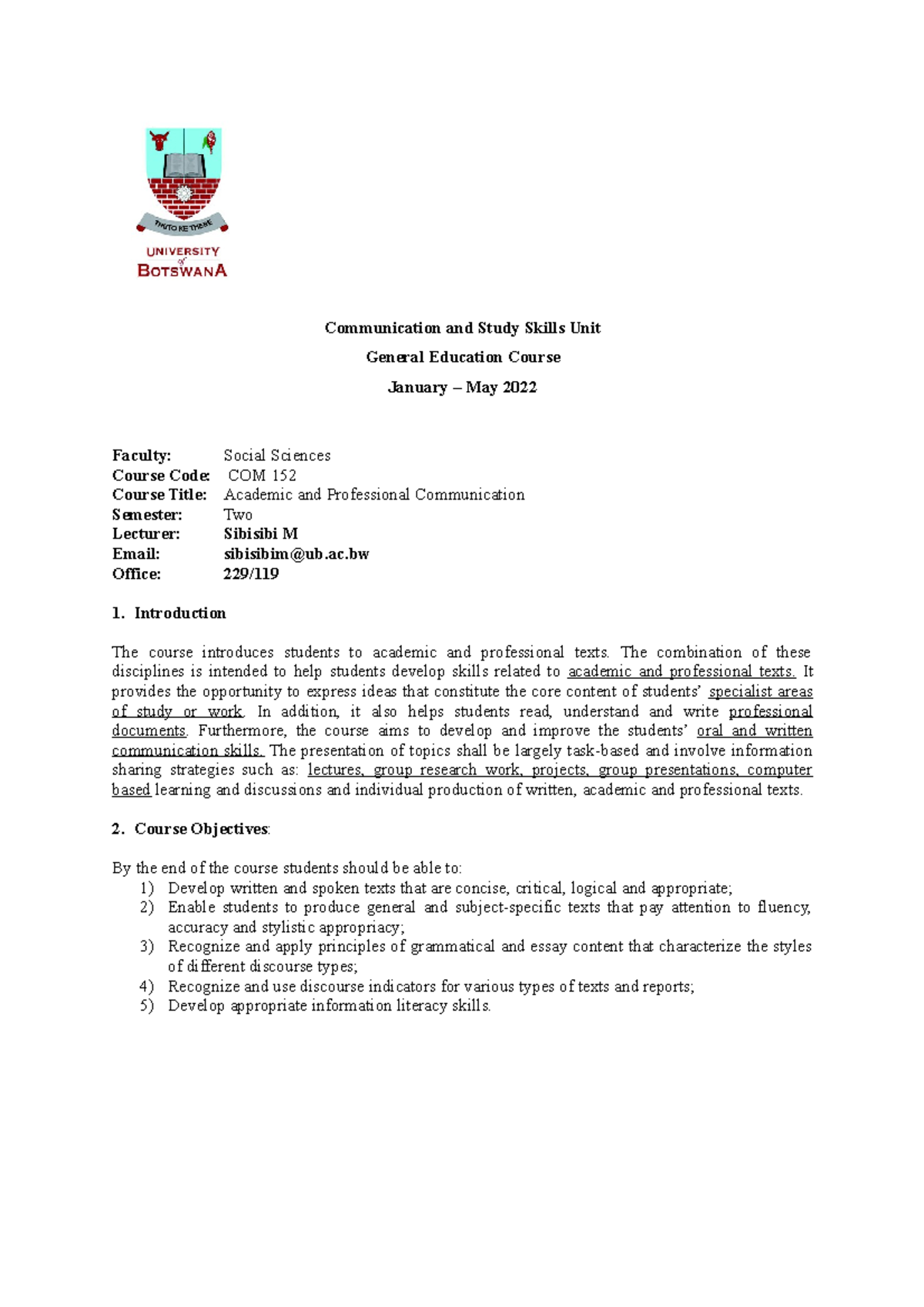 COM 152 - Academic & Professional Communication Course Outline 2021-22 ...