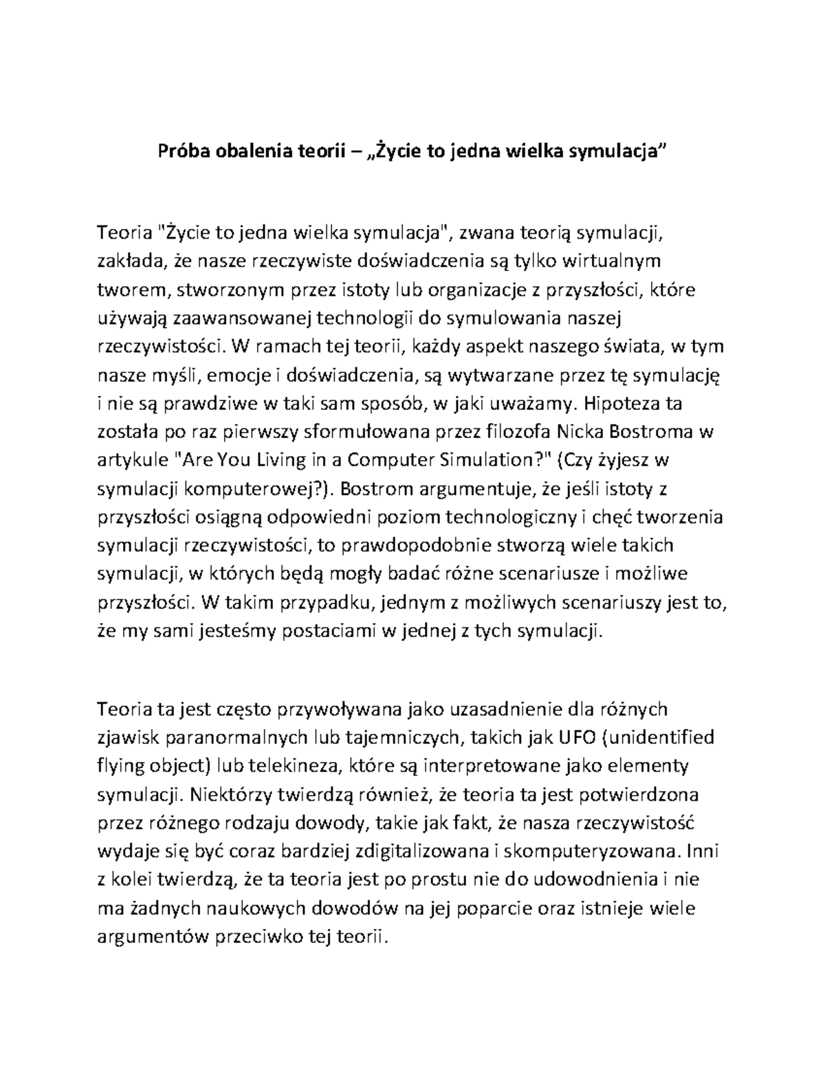 wypracowanie obalenie teorii - Próba obalenia teorii – „Życie to jedna ...