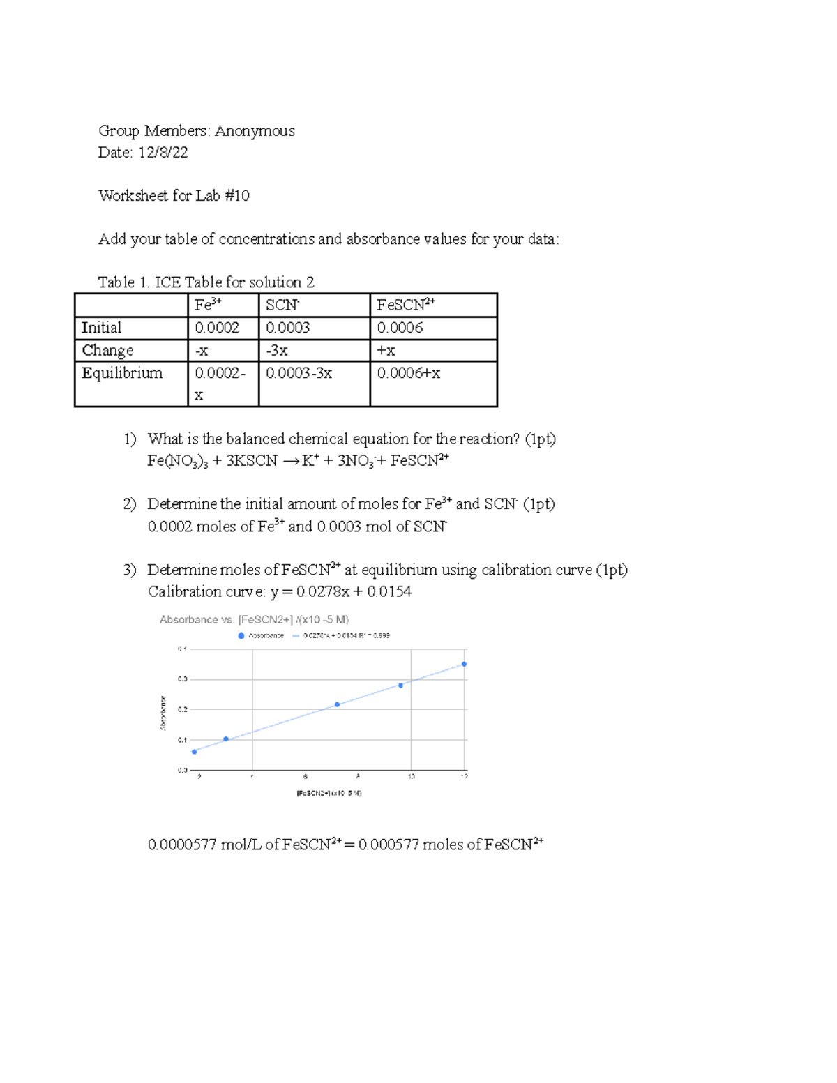 Chem 125 Lab 10: Equilibrium Worksheet and Kc Calculations - Studocu